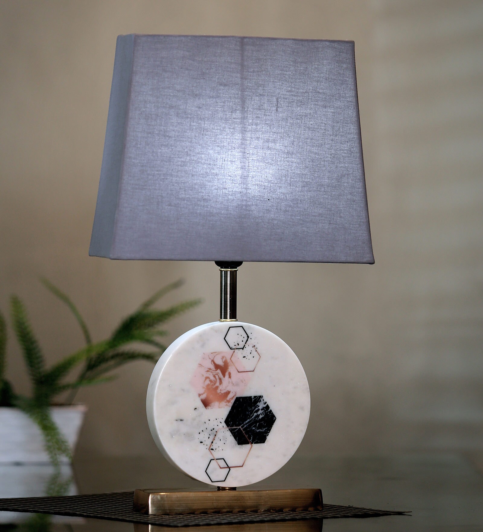Buy Grey Fabric Shade Marble Table LED Lamp With Antique Brass Base By ...