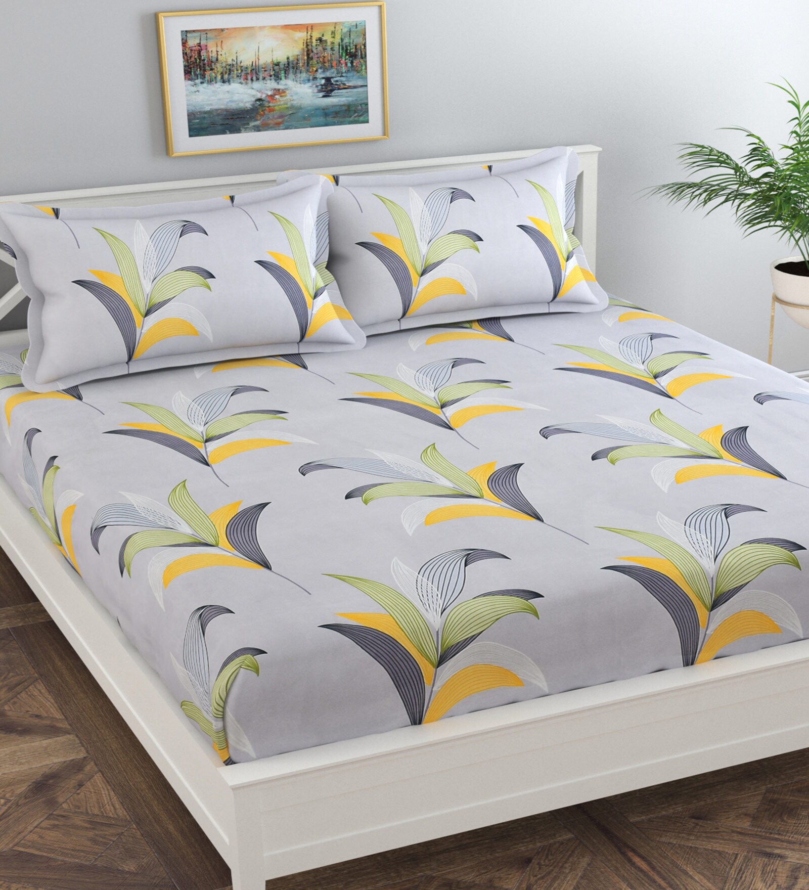 Buy Grey Floral 130 TC Poly Cotton King Sized Bed Sheets with 2 Pillow ...