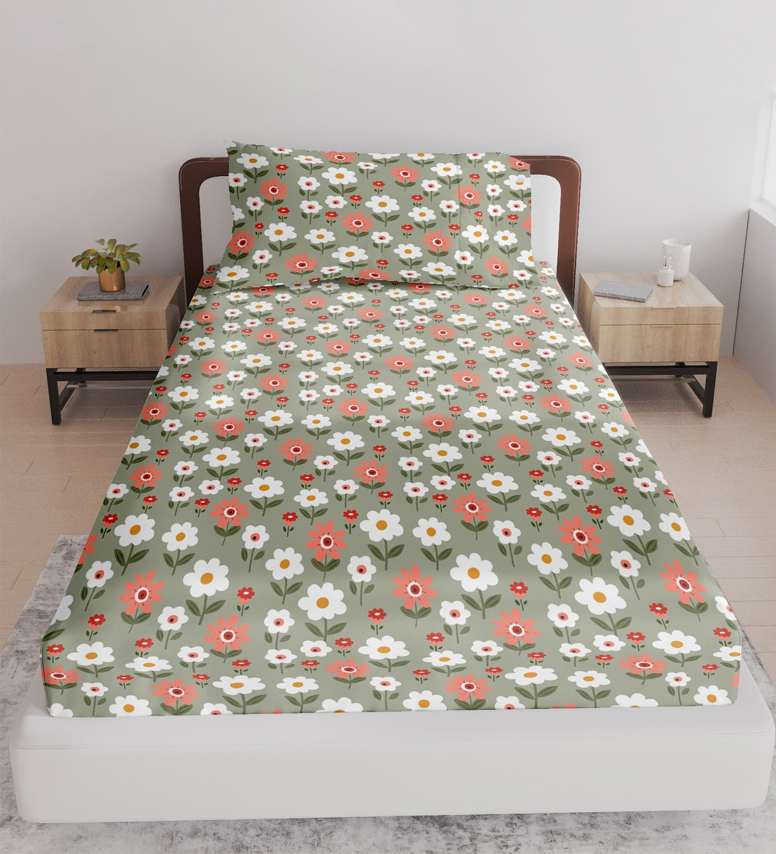 Buy Grey Floral 140 Tc Cotton Single Bedsheet With 1 Pillow Cover at 55% OFF by LABHAM | Pepperfry