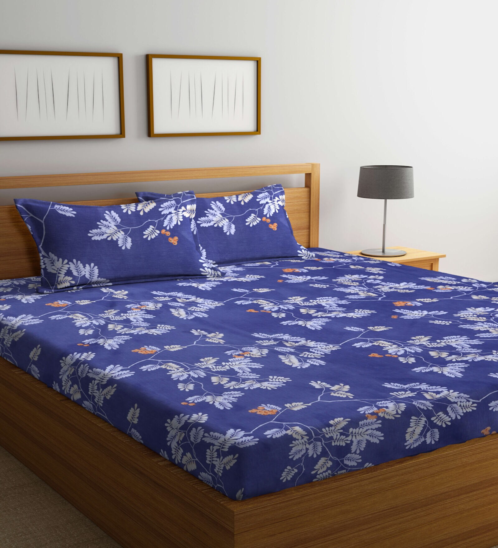 Buy Blue Floral 300 TC Cotton Blend Double Queen Bedsheet With 2 Pillow ...