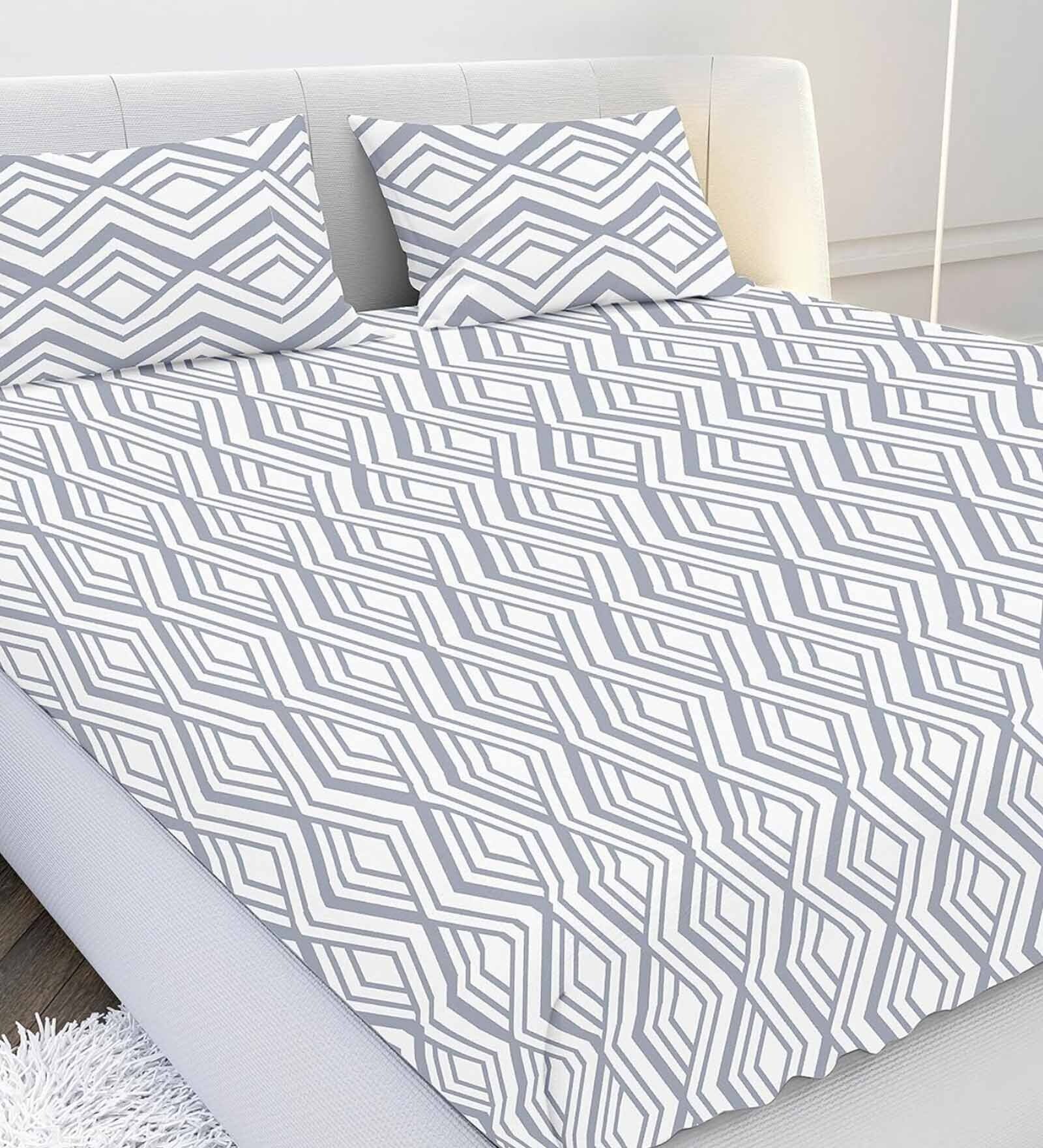 Buy Grey Geometric 210 TC Cotton Super King Bedsheet with 2 Pillow ...