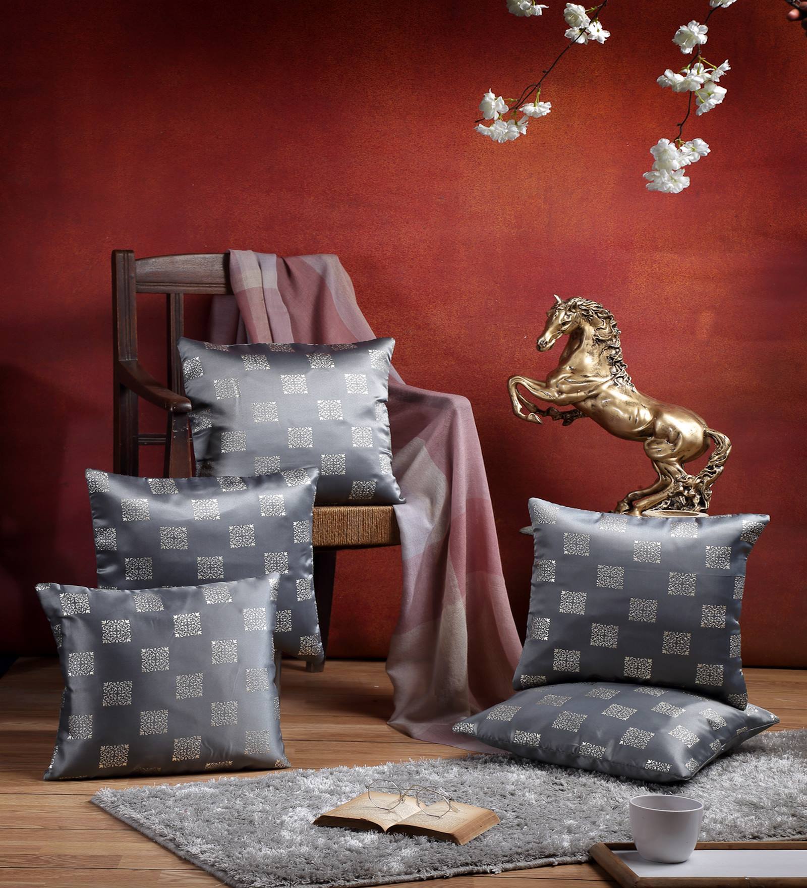 Buy Grey Motifs Polyester Cushions & Pillows Cover (Set of 5) By Eric ...