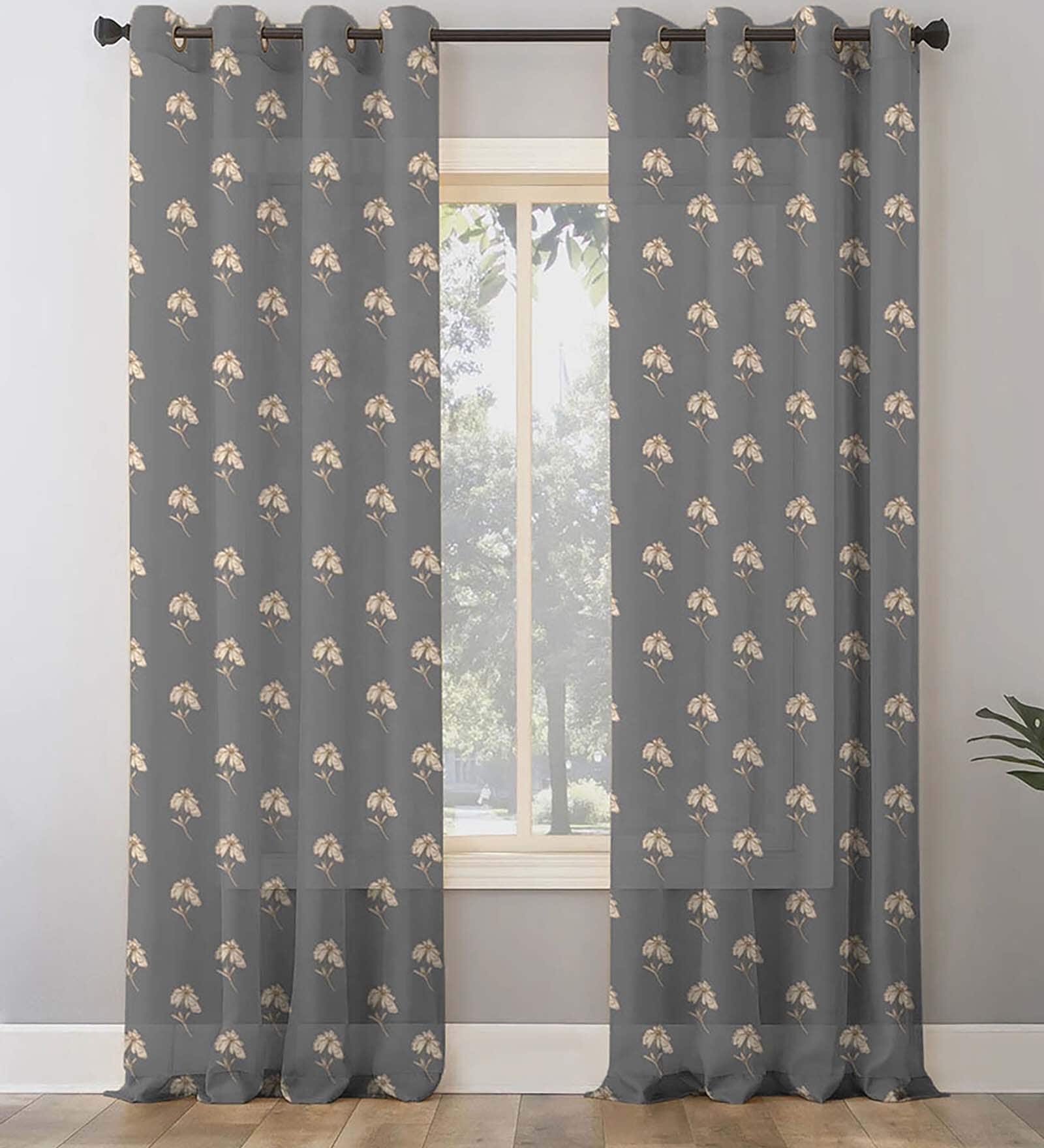 Buy Grey Polyester Abstract 7Ft Sheer Eyelet Door Curtains (Pack of 2 ...