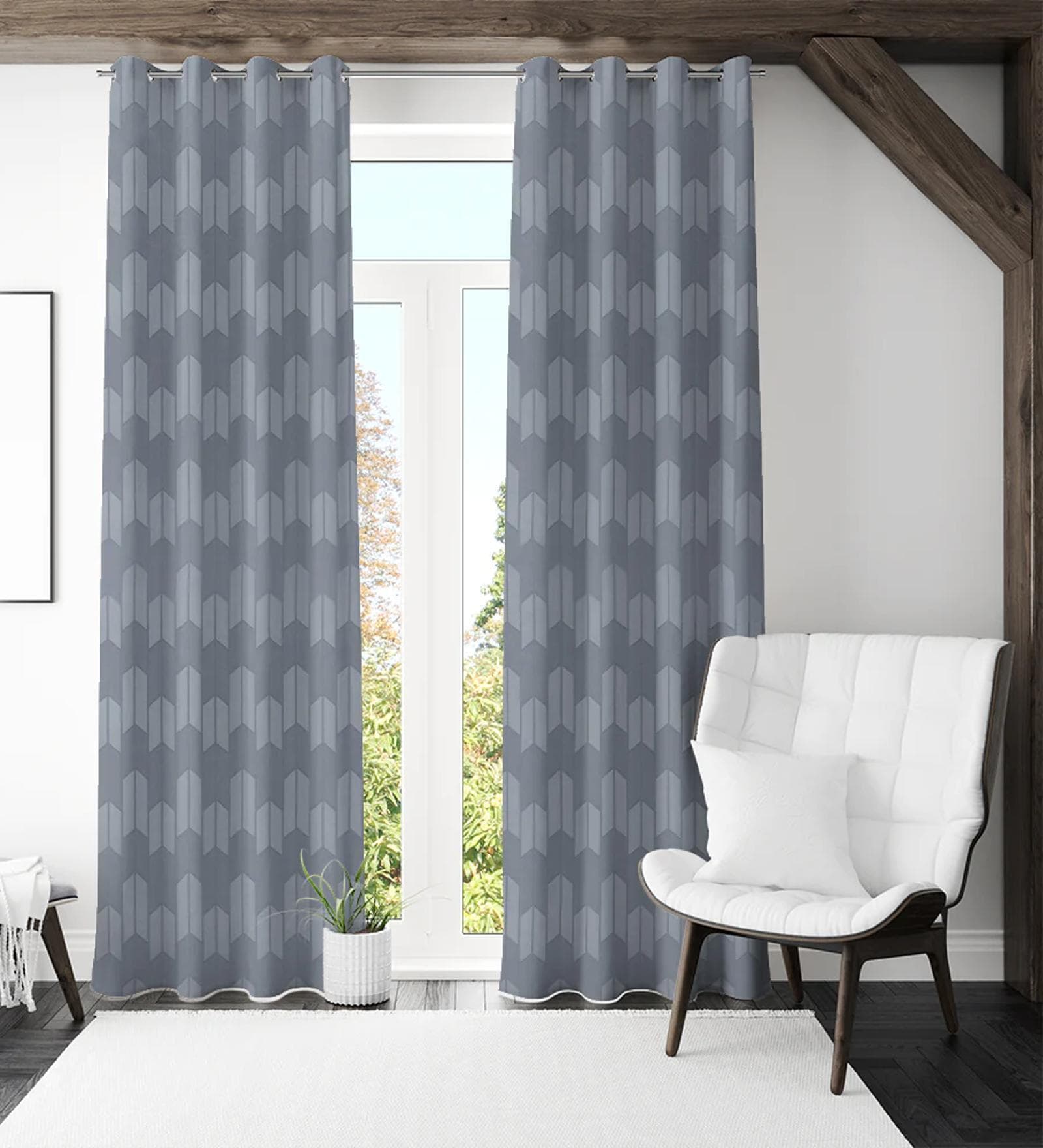 Buy Grey Polyester Abstract 9ft Semisheer Eyelet 2 Pc Door Curtains at ...