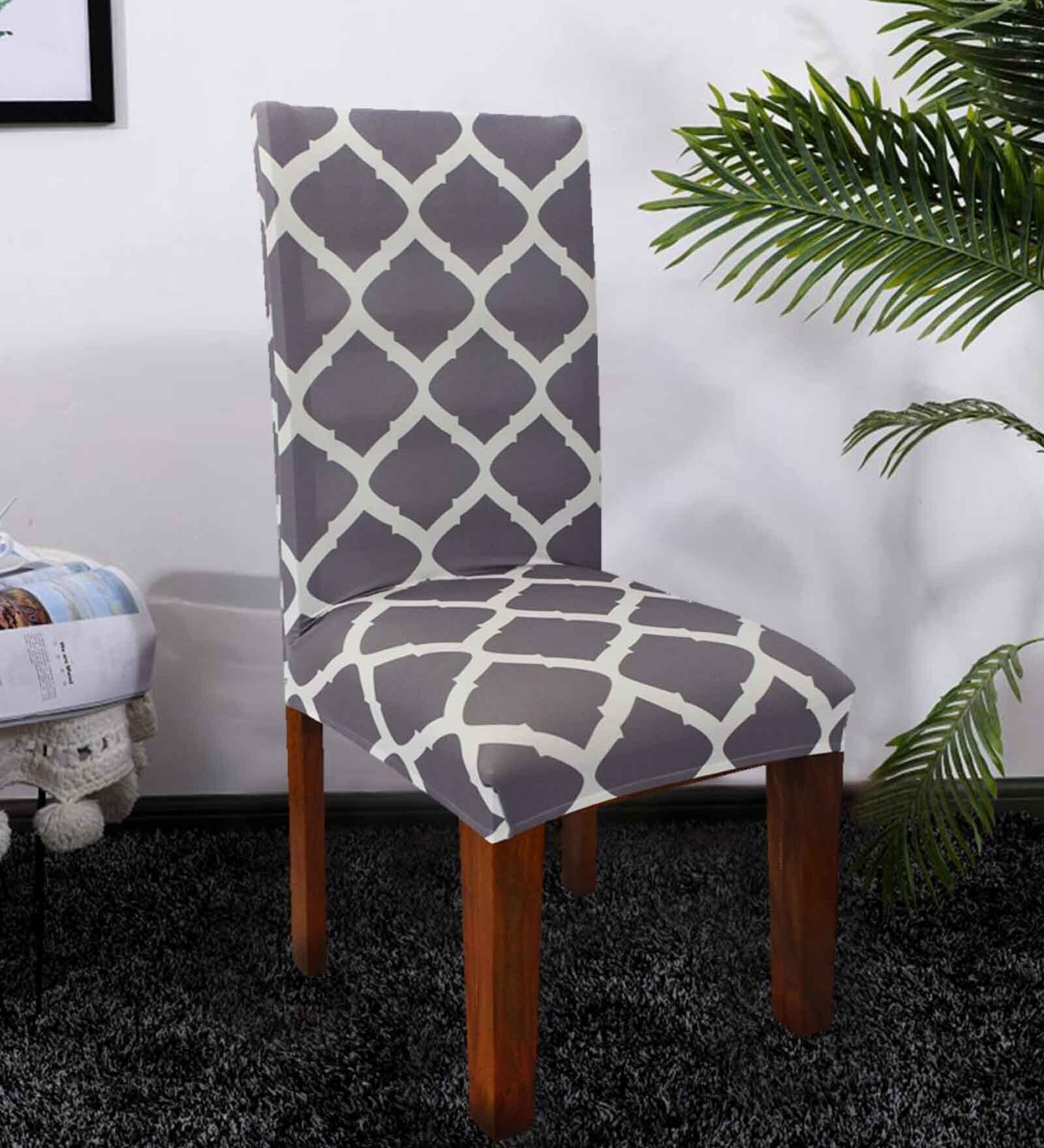 Buy Grey Geometric Polyester Blend 14x38 Inches Chair Covers (Pack of 6 ...