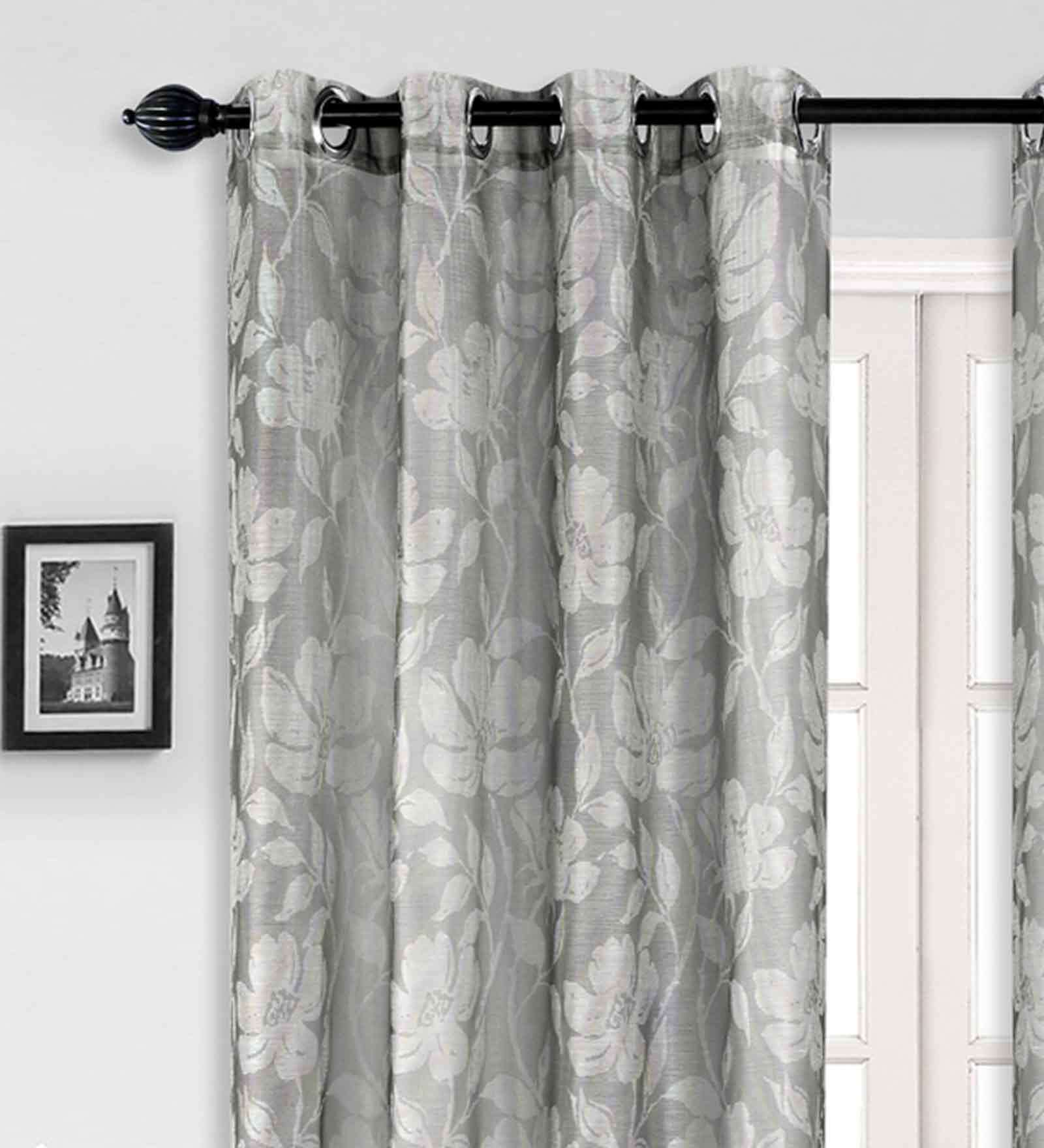 Buy Grey Floral Polyester 5 Ft Sheer Eyelet Window Curtains (Set of 2 ...