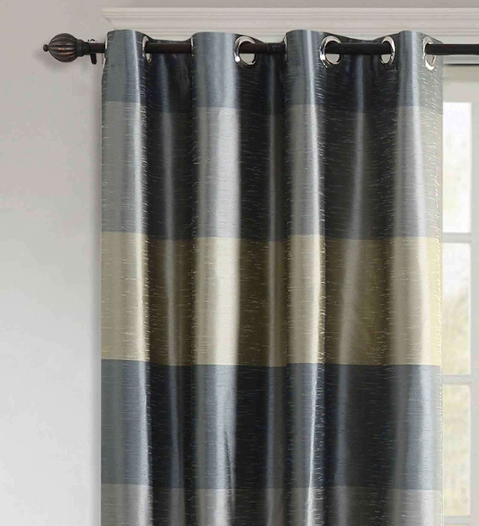 Buy Grey Polyester Striped 8 Ft Blackout Eyelet 2 Curtains by Deco ...