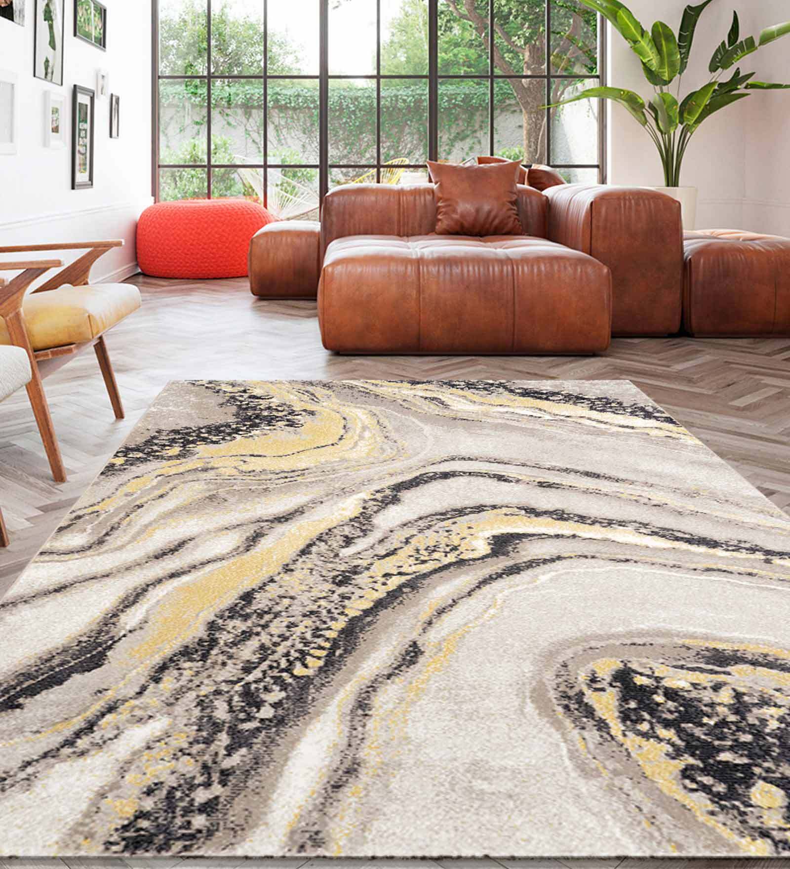 Buy Grey Abstract Polypropylene 5 ft x 7 ft Machine Made Carpet by ...