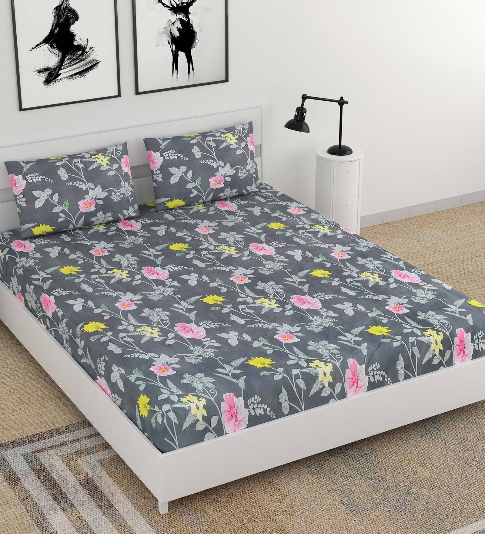 Buy Grey Floral 210 TC Microfiber Queen Sized Bed Sheets with 2 Pillow ...