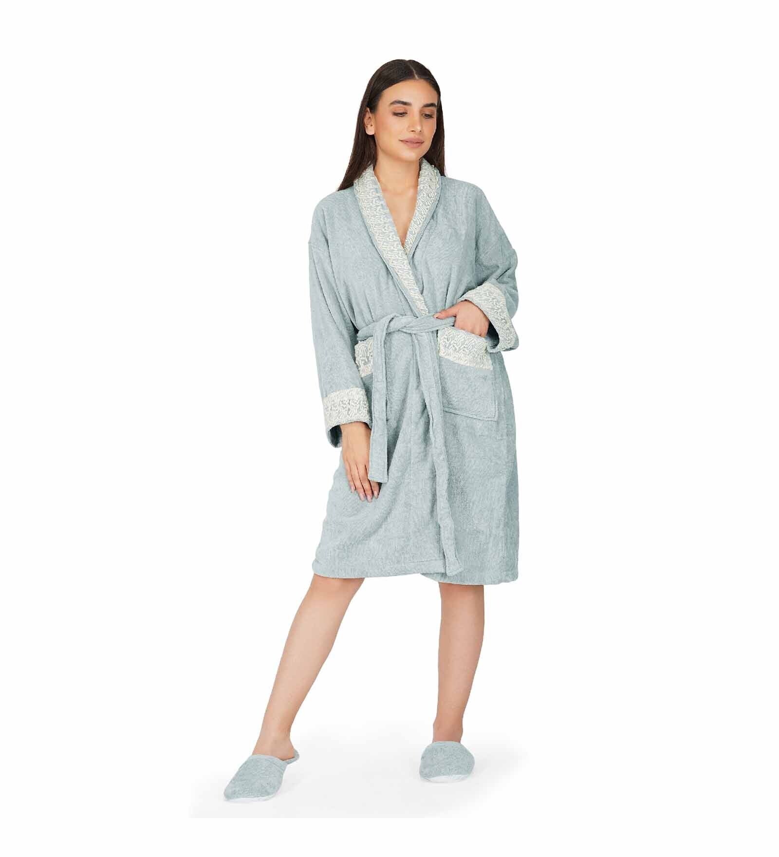 Buy Grey Solid 100% Cotton Women Bathrobe With Slippers (XL) By Rangoli ...