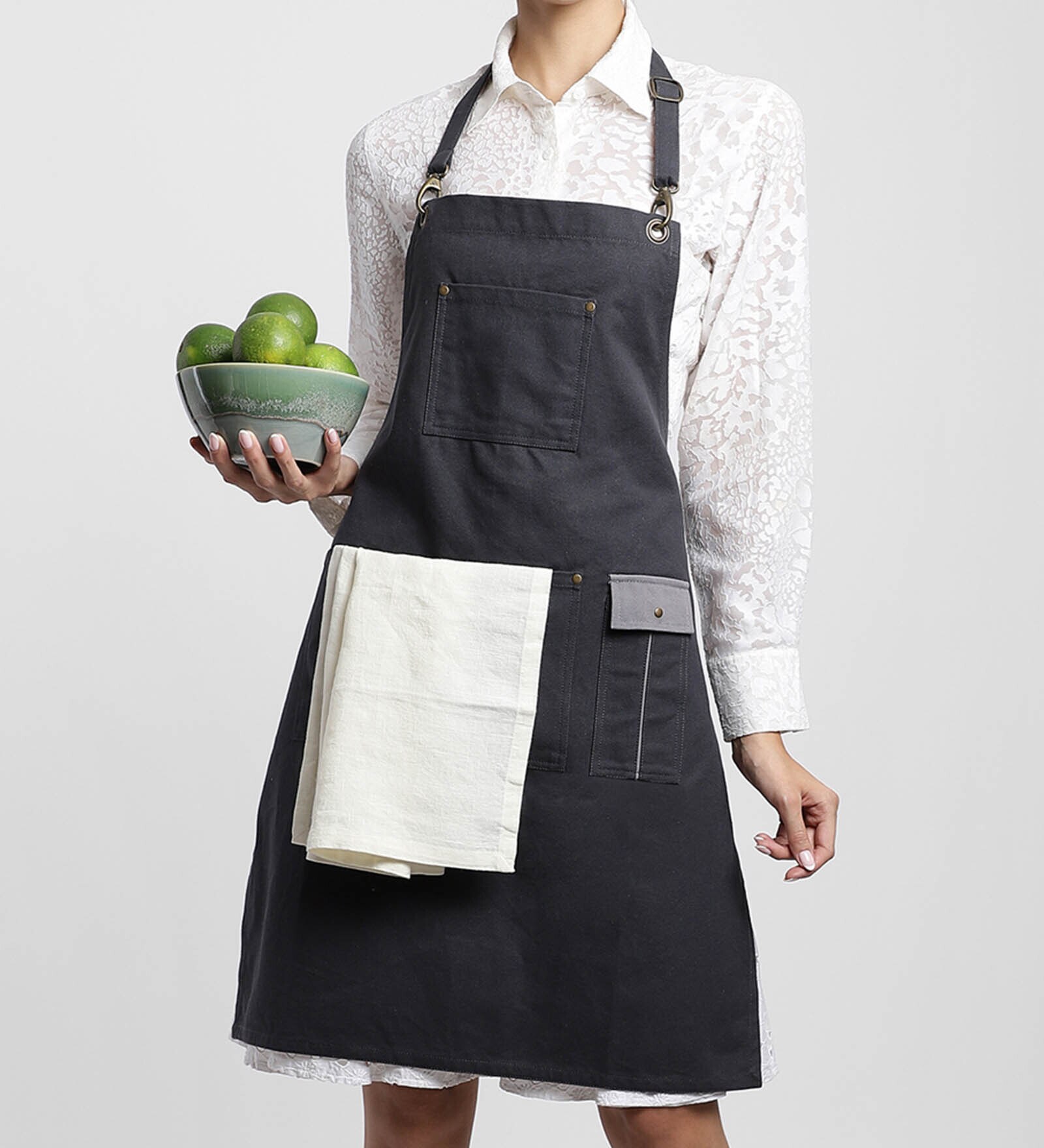 Buy Solid Grey & White Cotton (Set of 2) Apron & Napkin Set at 30% OFF ...