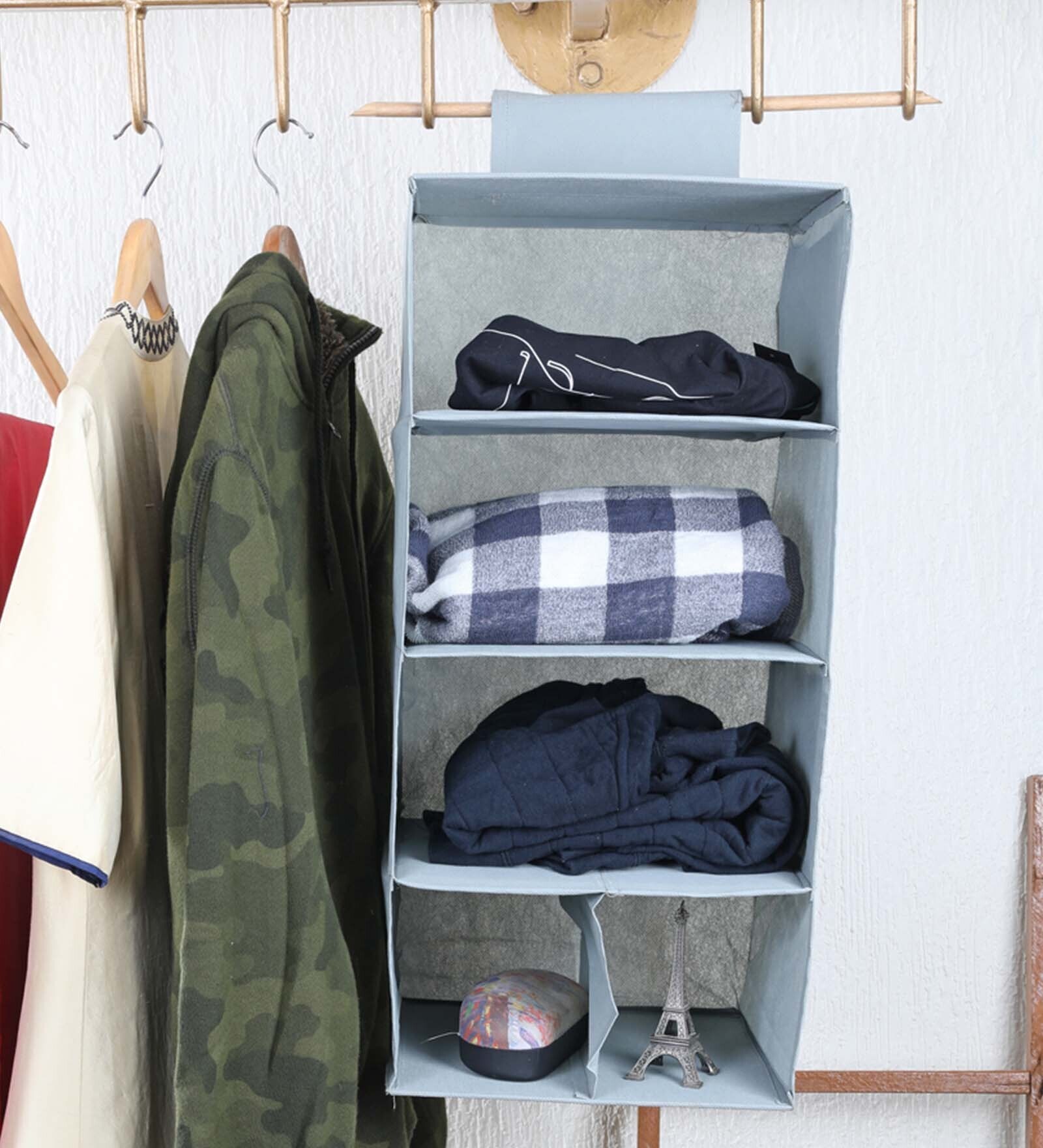 Buy Grey Solid Polypropylene Foldable Hanging Cloth Organiser With 5 ...