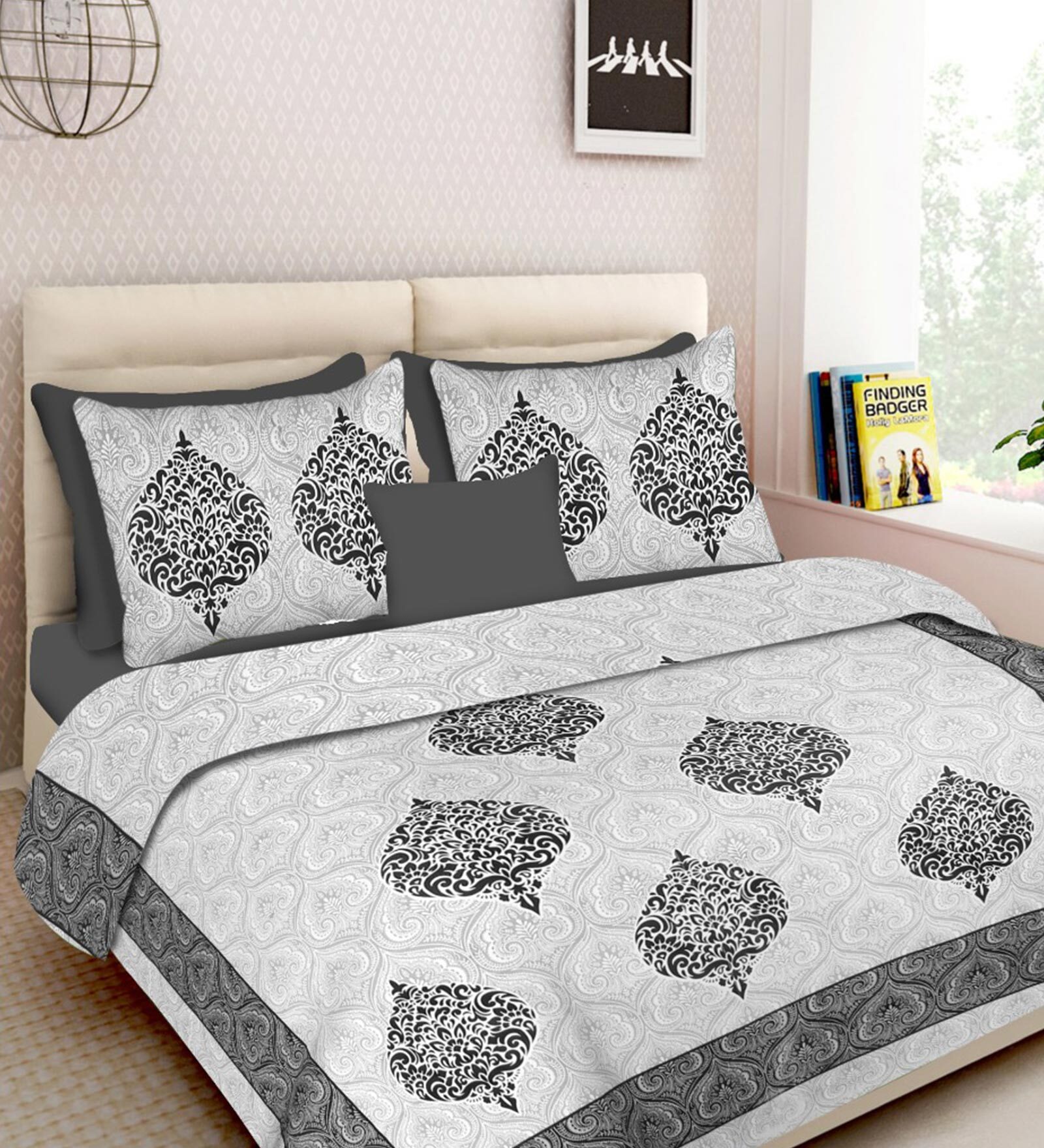 Buy Grey Traditional 160 Tc Cotton King Sized Bed Sheets With 2 Pillow