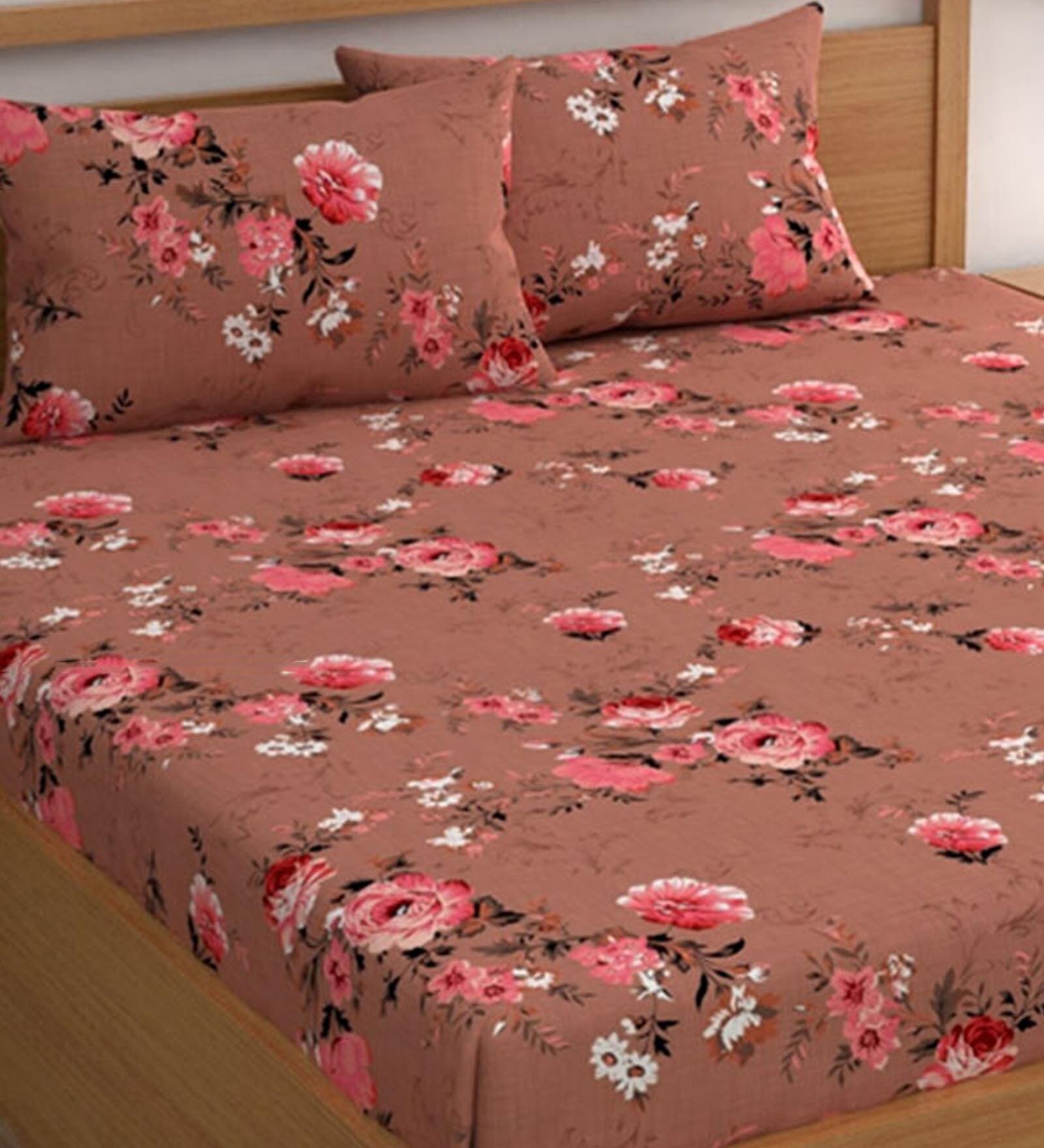 Buy Peach Floral 200 TC 100% Cotton Queen Size Fitted Bedsheet with 2 ...