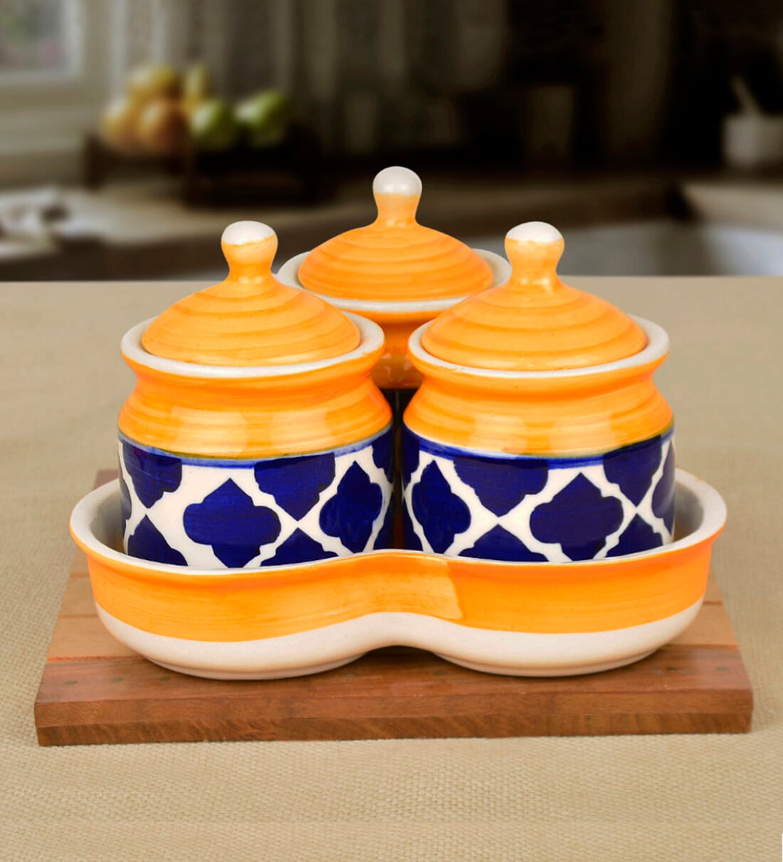 Buy Hand Painted Ceramic 3 Pcs Pickle Jar Set With Tray at 32% OFF by ...