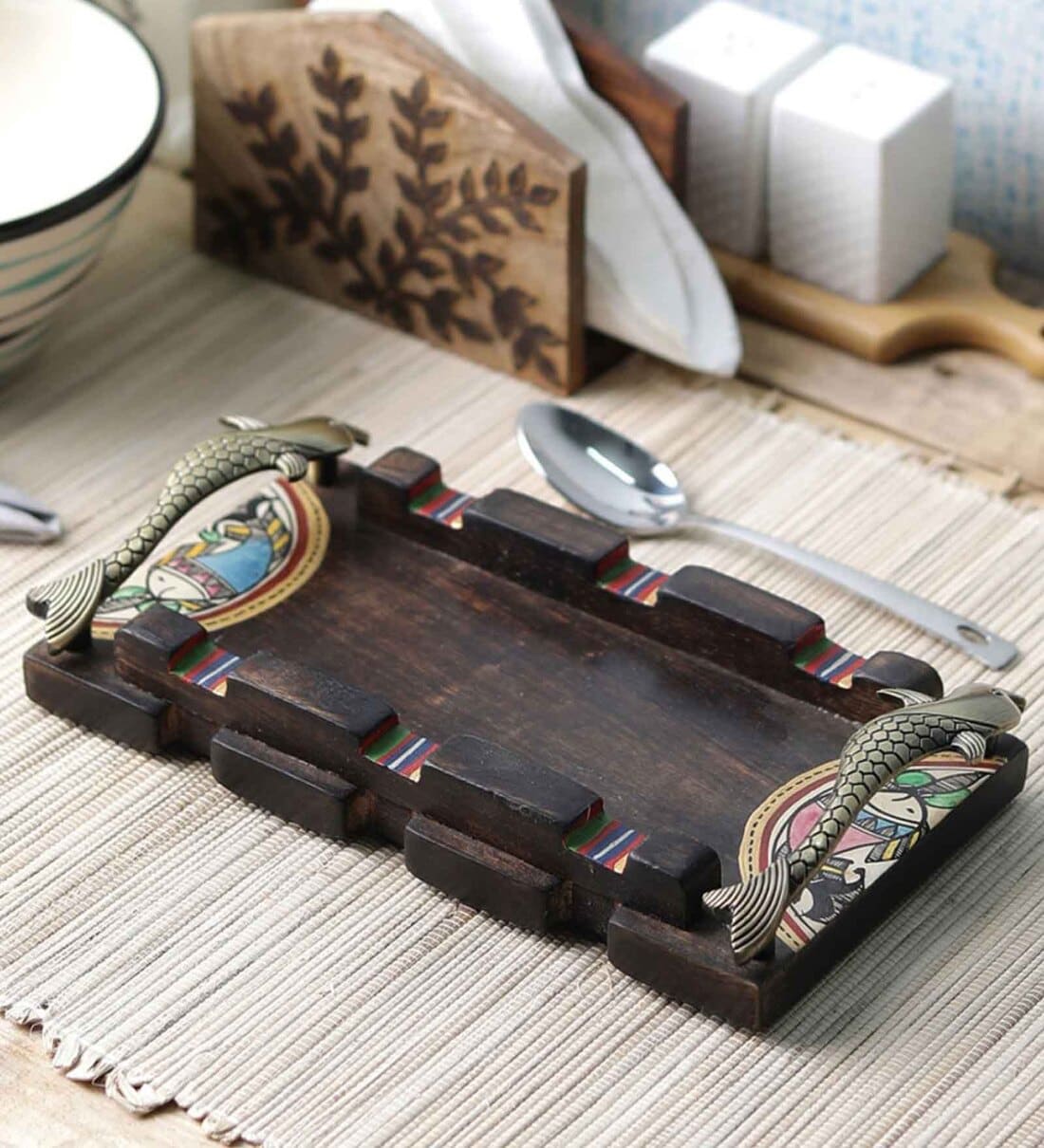 Buy Hand Painted Mango Wood Small Tray with Madhubani Work & Brass ...