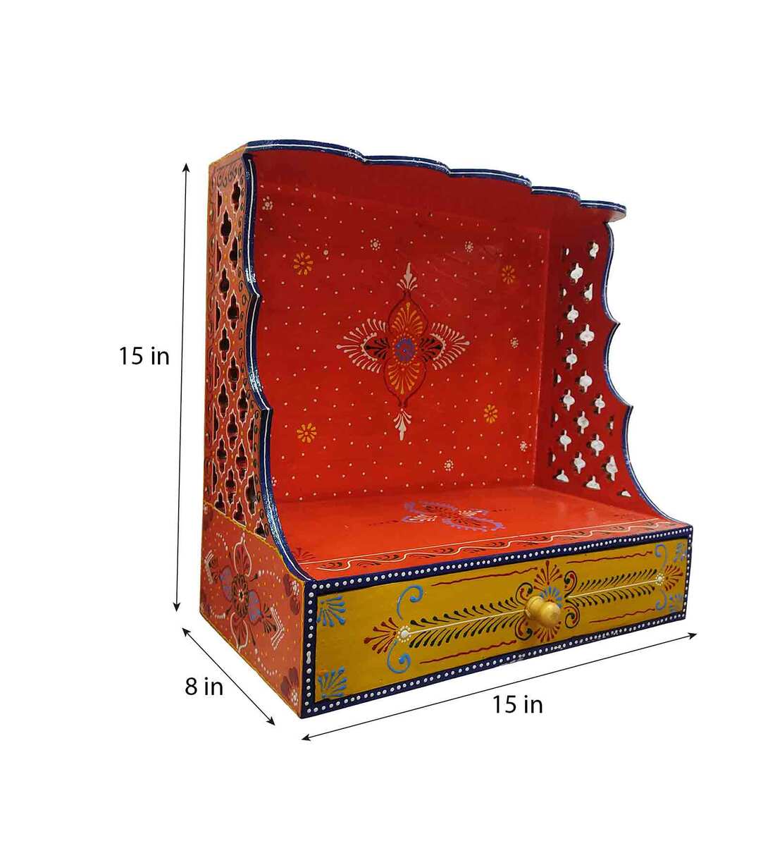 Buy Handpainted and Carved Wooden Pooja Mandir in Orange Colour By ...