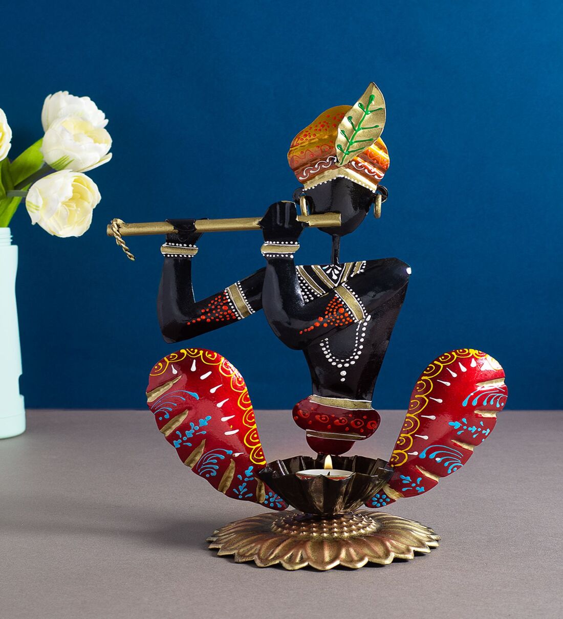Buy Handpainted Krishna Red & Black Colour Wrought Iron T- light Holder ...