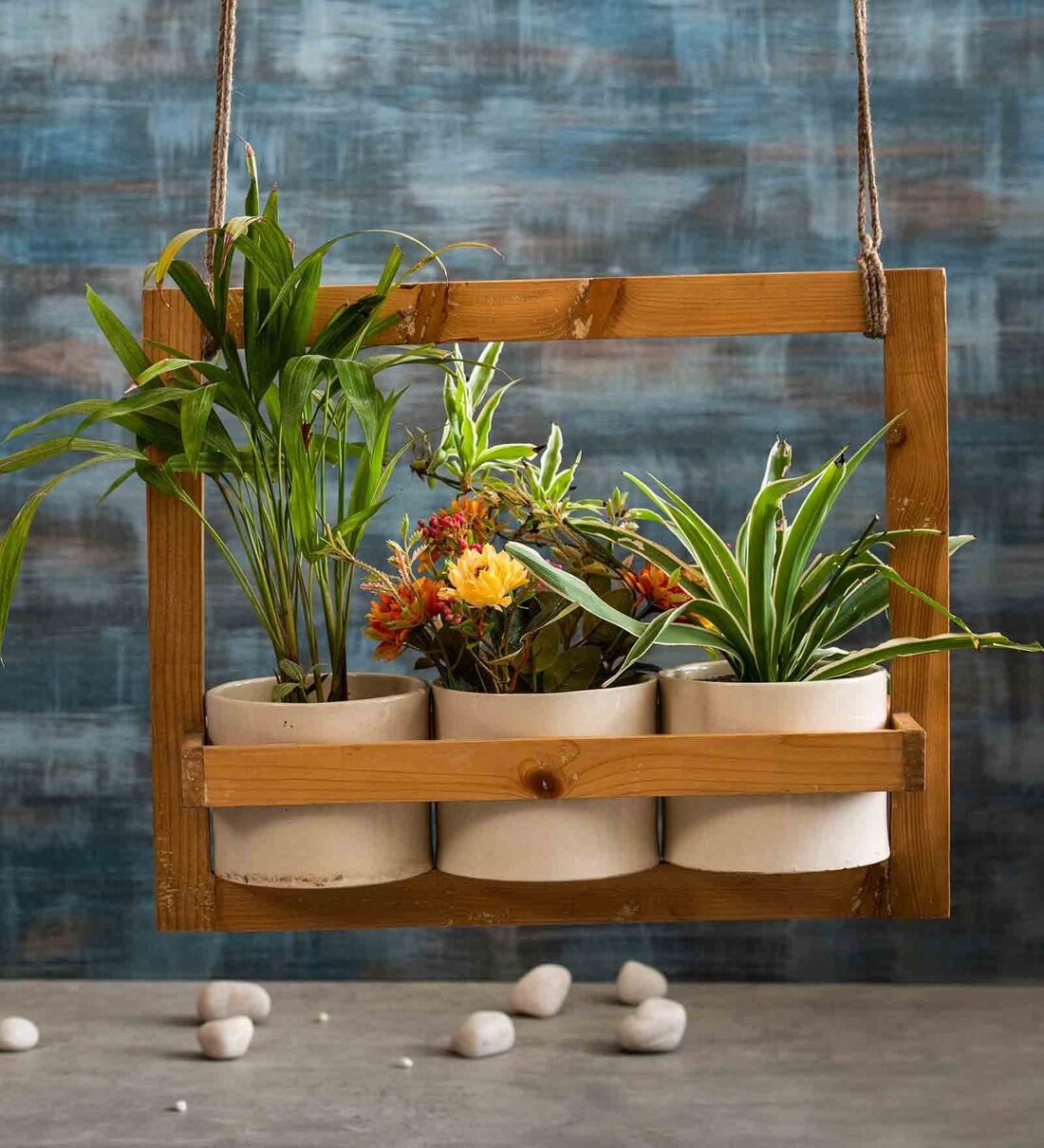 Buy Hanging Pinewood Basket Planter with Three Ceramic Pots by A Tiny ...