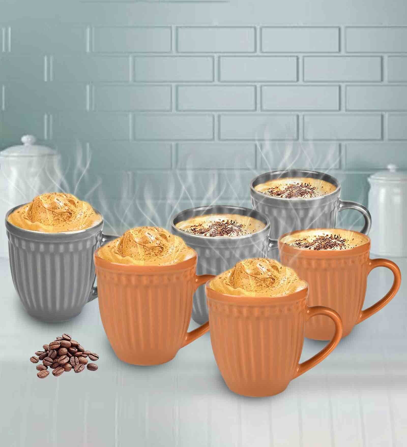 Buy Hancrafted Ceramic Grey And Mustard 350 ML Coffee Mug Set of 6 at ...