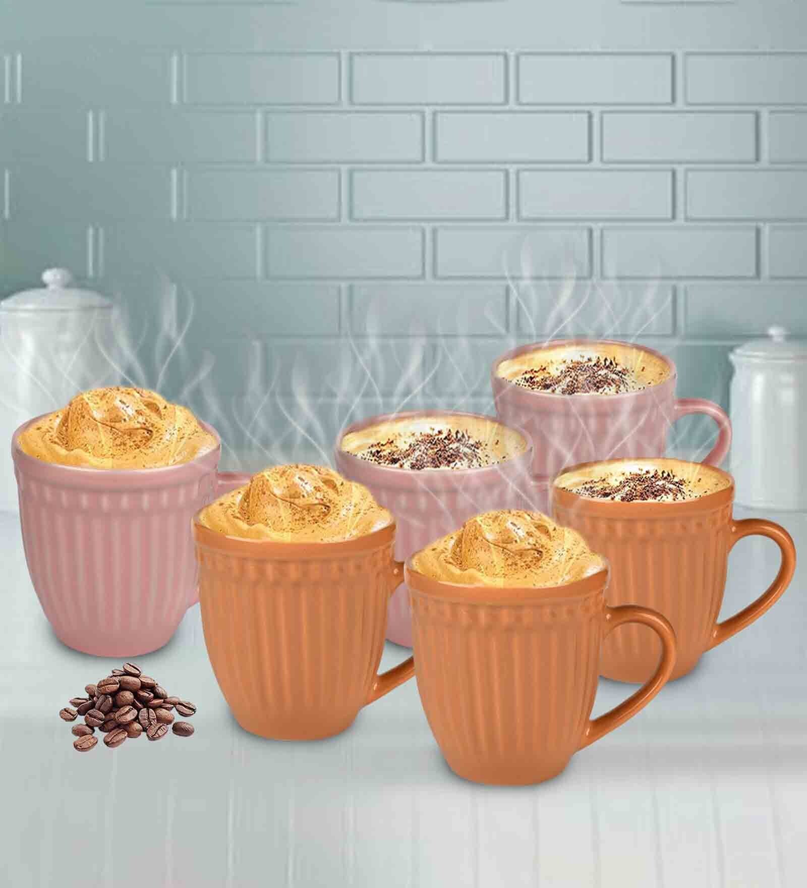 Buy Hancrafted Ceramic Peach And Mustard 350 ML Coffee Mug Set of 6 at ...