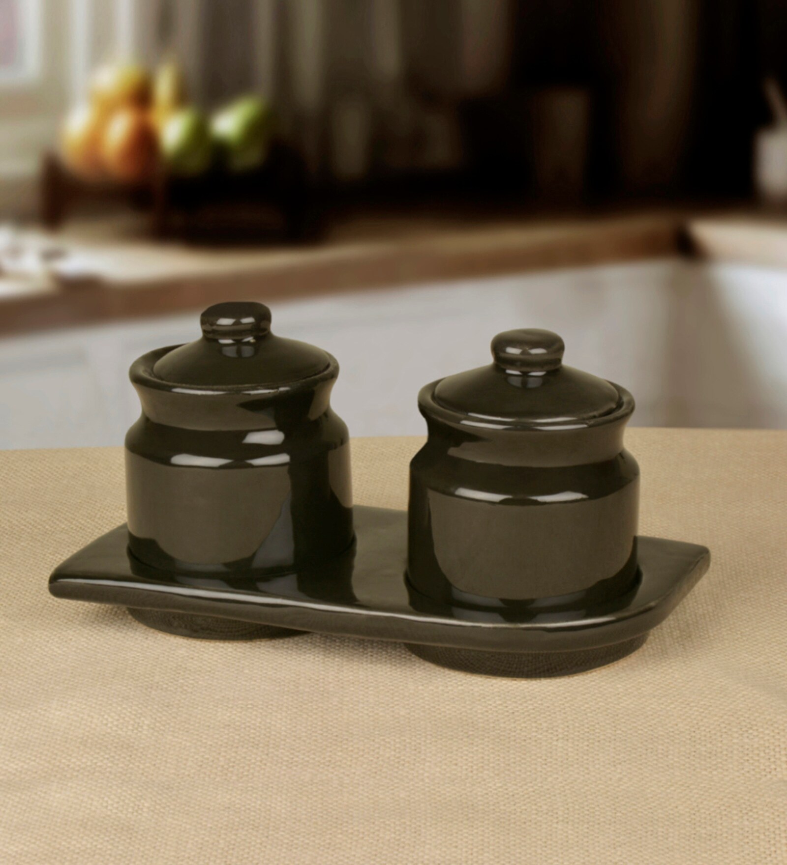 Buy Hand Glazed Ceramic Pickle 2 Pcs Serving Jar Set With Tray By ...