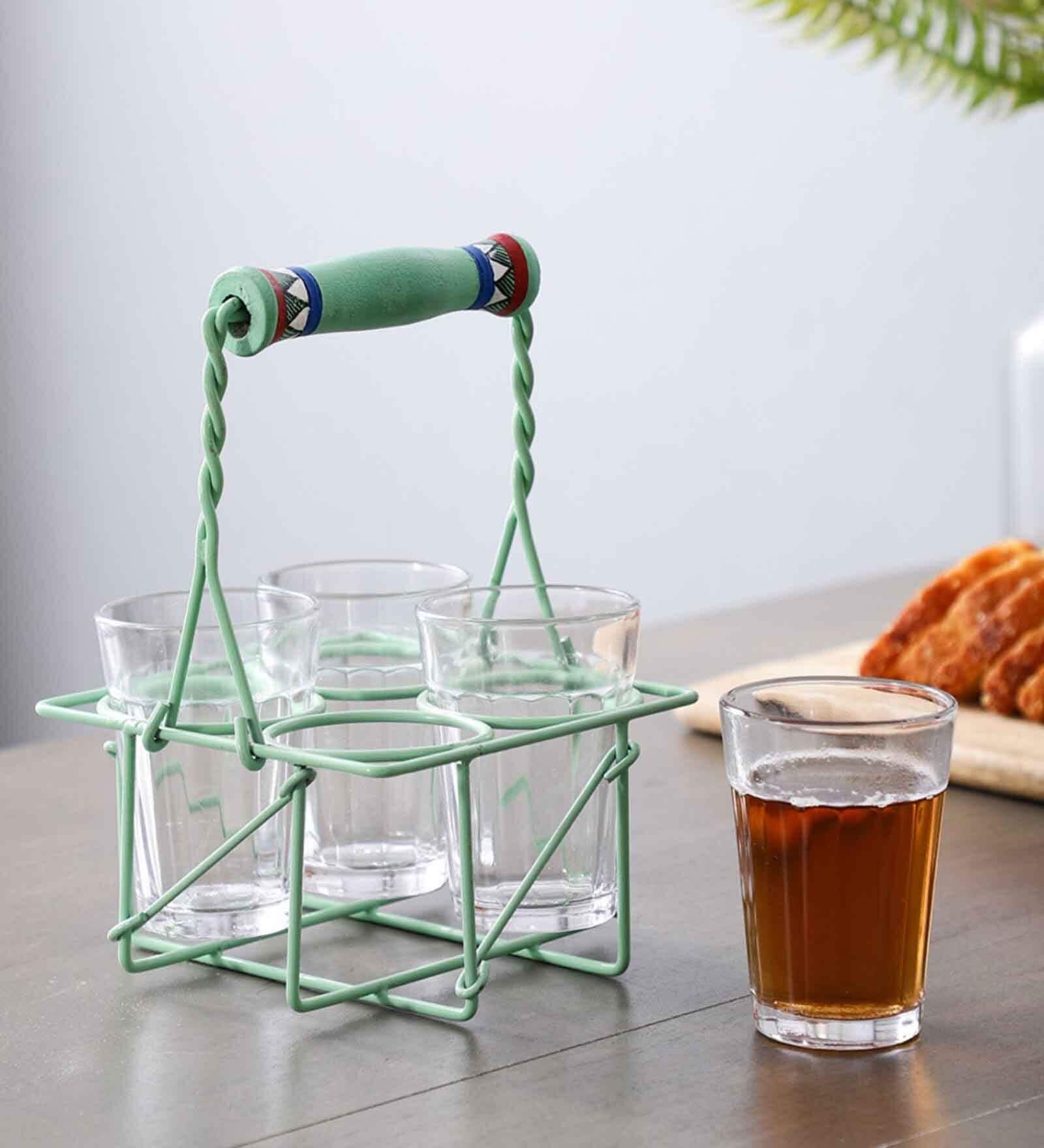 Buy Hand-made Light Blue Cutting Chai Holder with Glasses (Set of 4) at ...