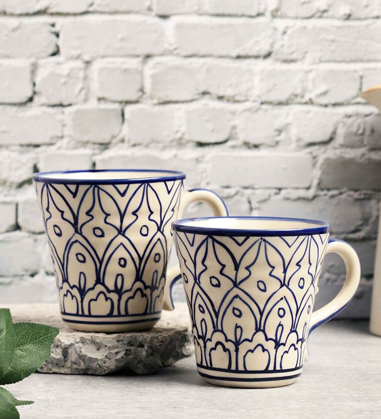 Buy Hand-made Mehraab Blue Off-white Ceramic Coffee Mugs (Set of 2) at ...