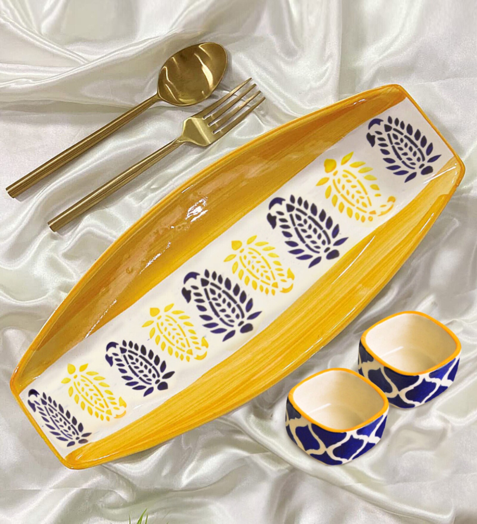 Buy Hand Painted Ceramic Serving Platter With Two Dip Bowls By ...