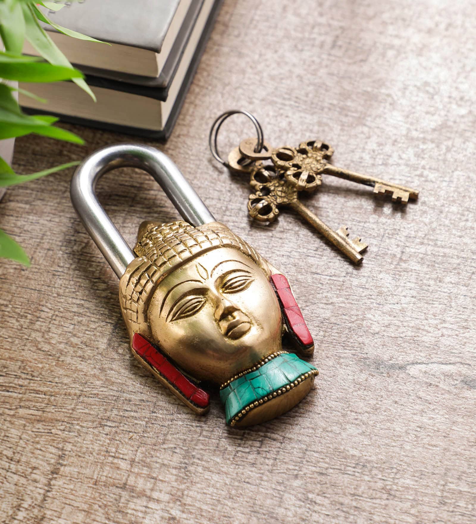 Buy Handcrafted Stone Studded Brass Buddha Lock with Keys by Indeasia ...