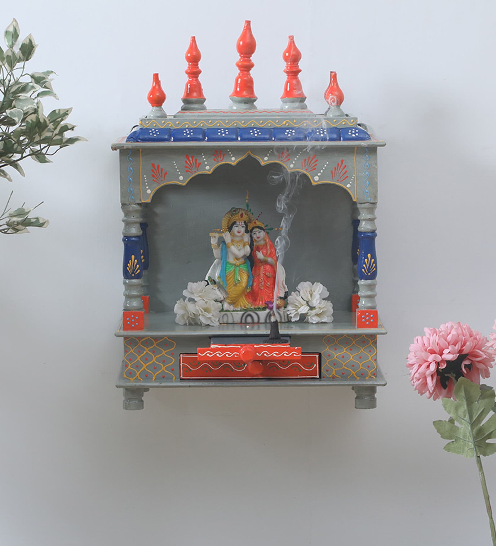 Buy Handmade Blue And Grey Mango Wood & MDF Pooja Mandir at 25% OFF by ...