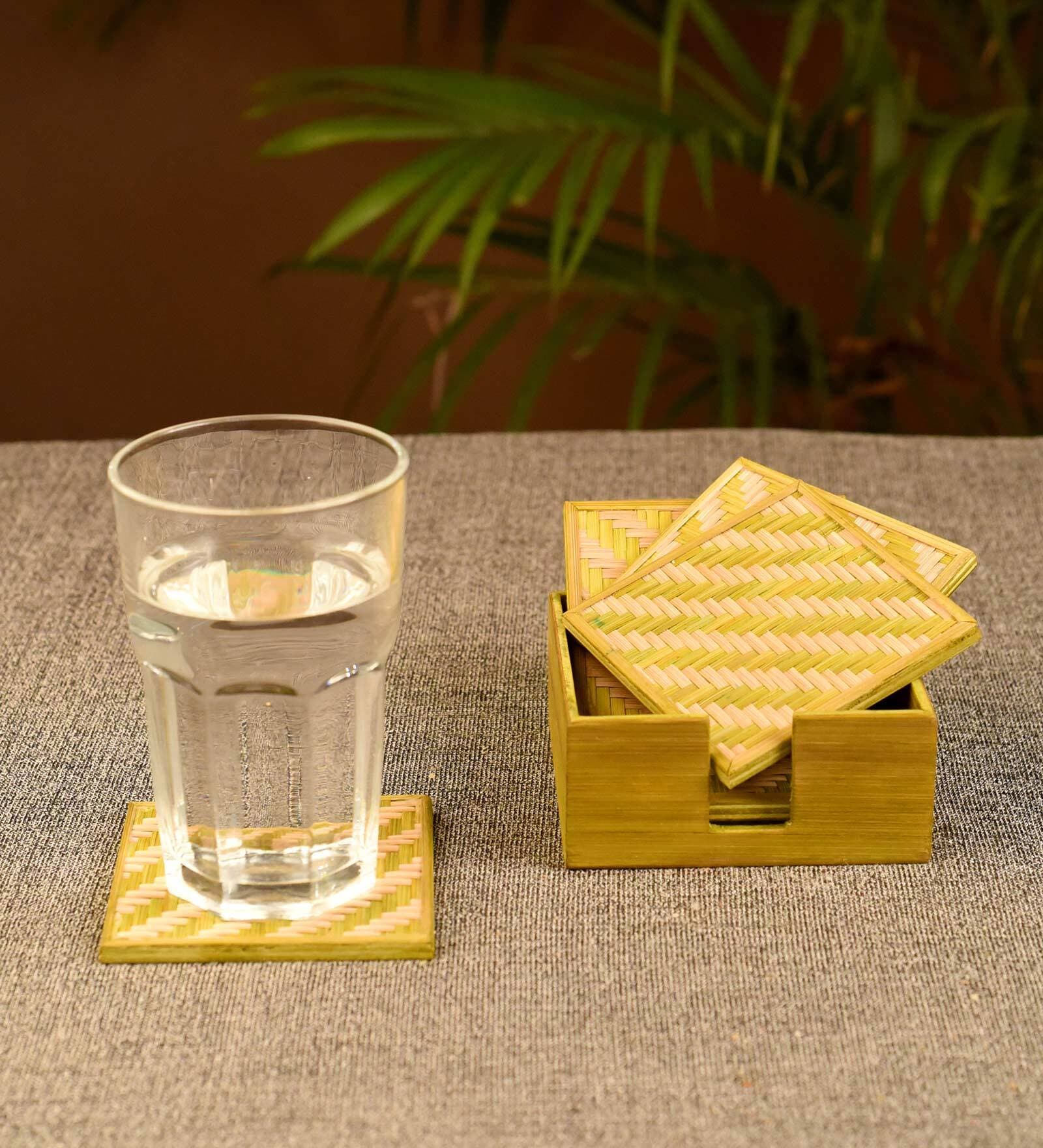 Buy Handmade Square Green Bamboo (Set of 6) Table Coaster with Stand at ...