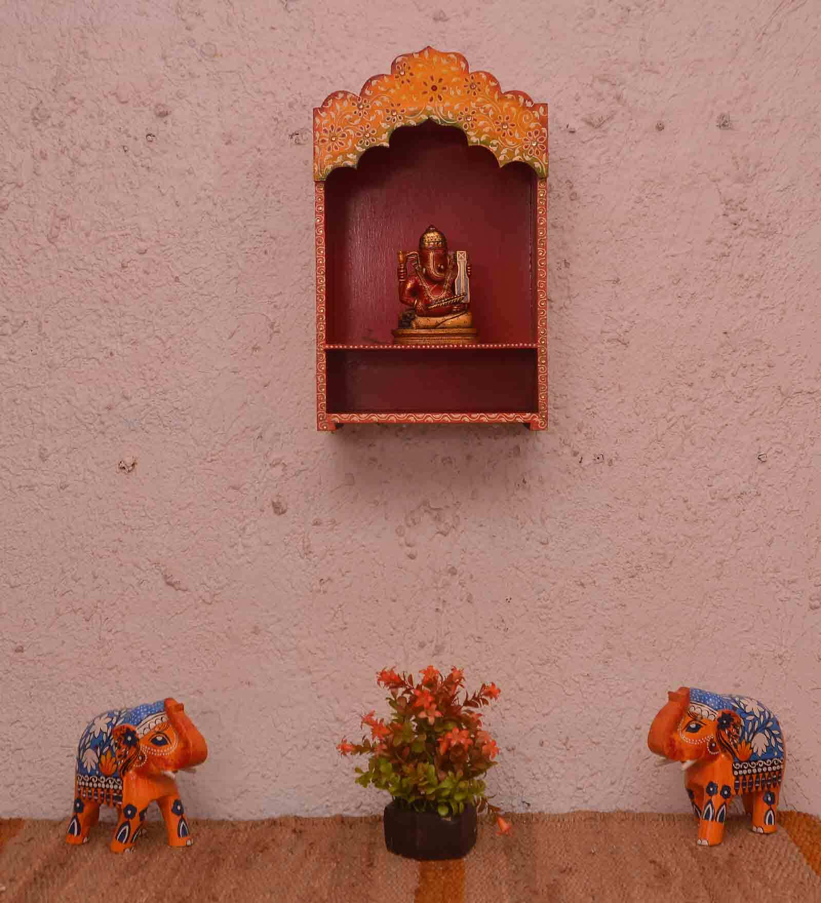 Buy Orange and Carved Wood Wall Mounted Mandir Without Door at 24% OFF ...