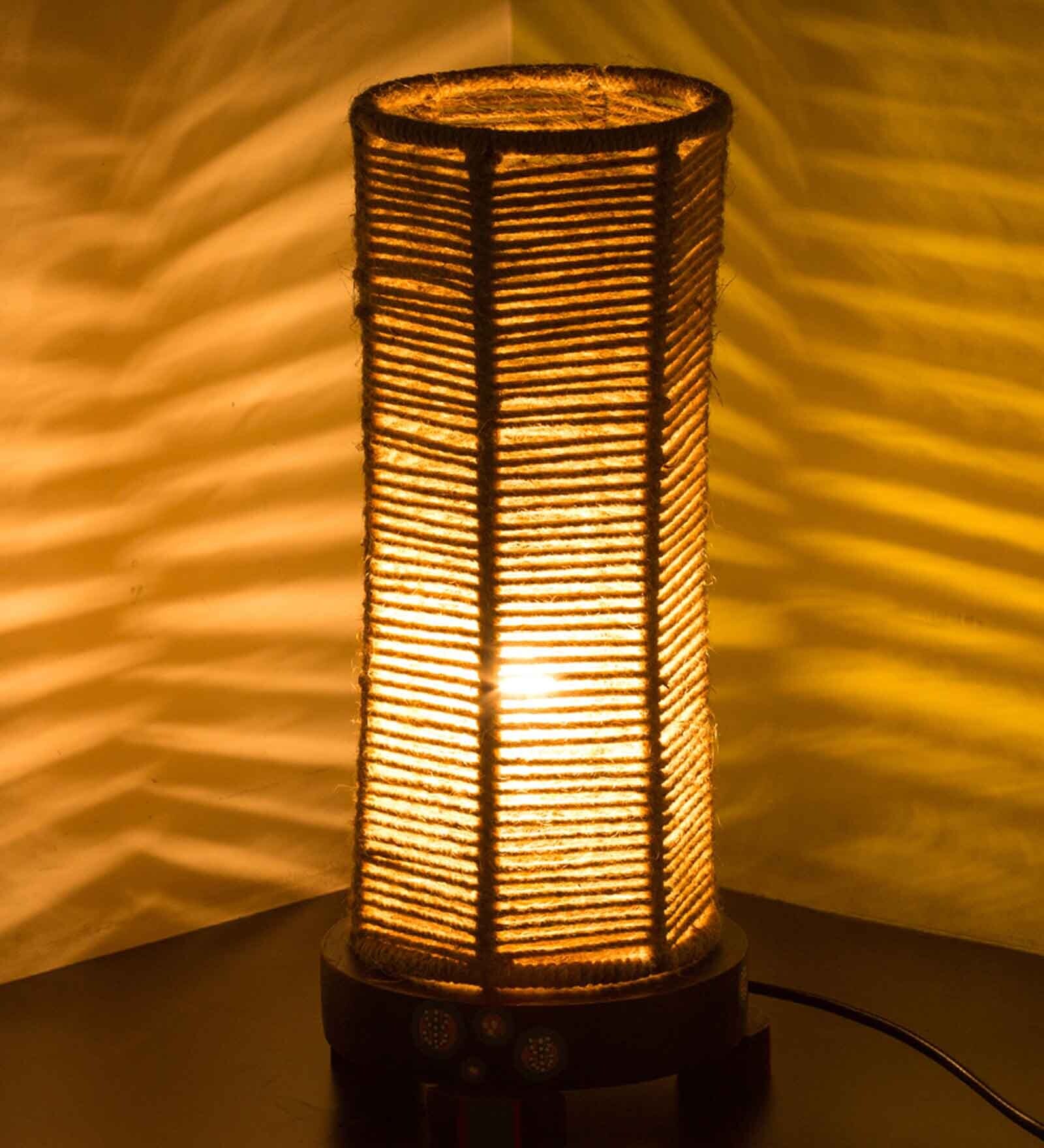 Buy Handwoven Hexagonal Table Lamp In Brown Teak Wood Base By ...