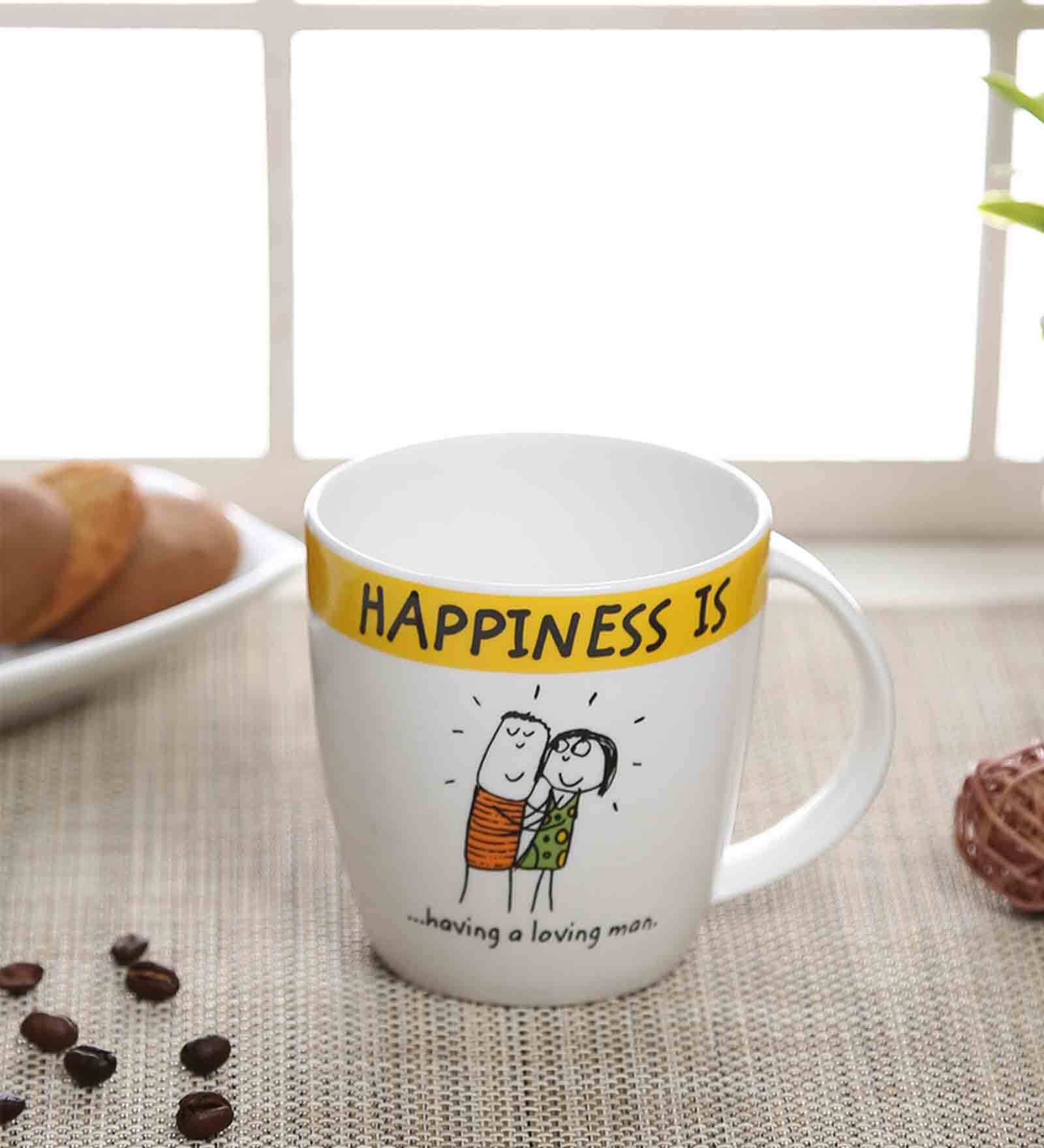 Buy Happiness Quotes 180ml White & Yellow Ceramic (Set of 2) Coffee Mug ...
