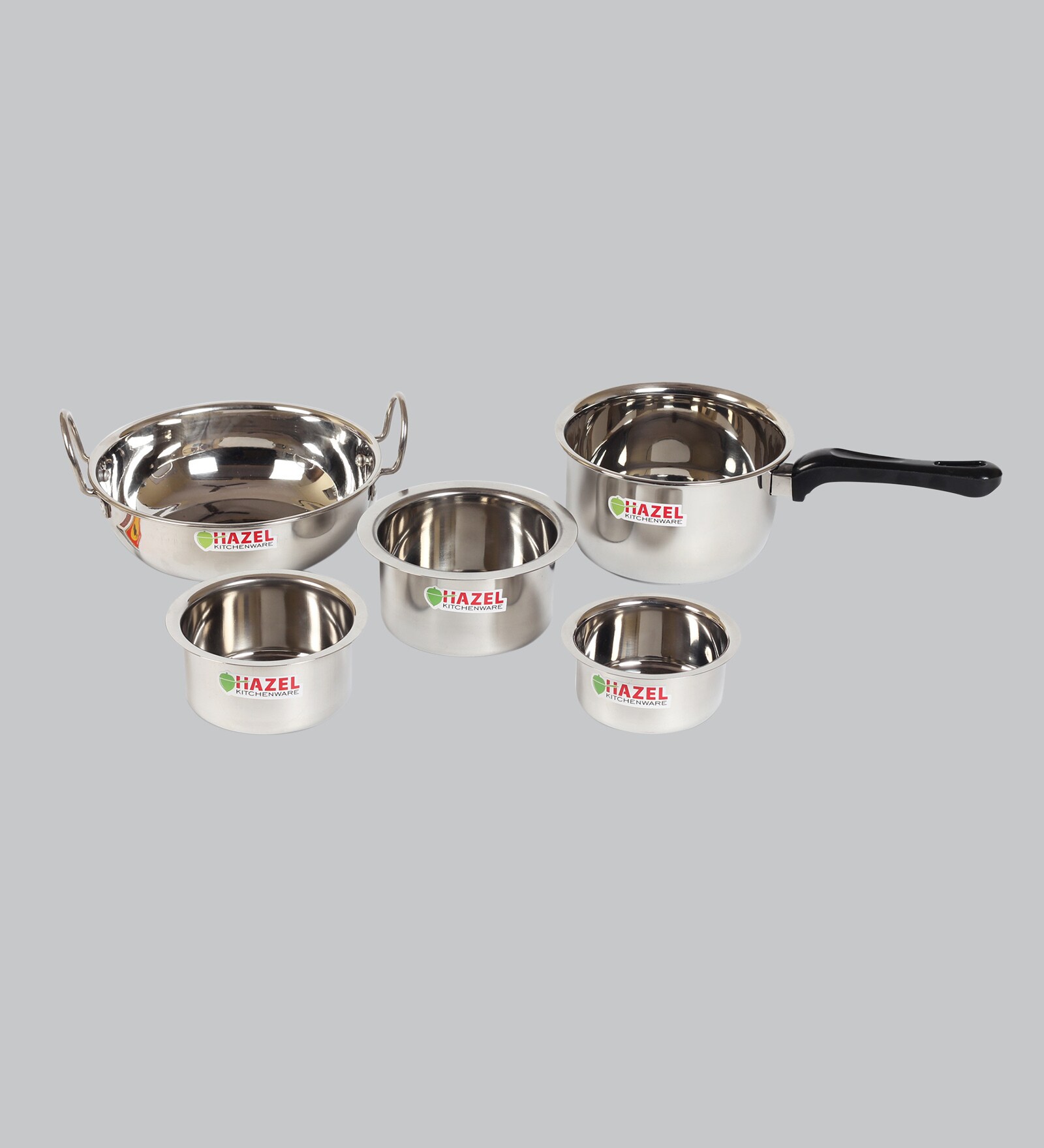 Buy Hazel Stainless Steel 5 Pc Cookware Gift Set Sauce Pan, Kadai & 3 Pcs Tope Set, Silver at 26 ...