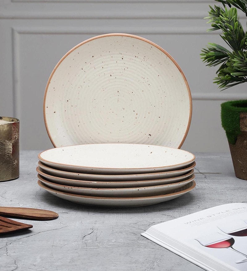 Buy Handcrafted Ribbed 10 Inch White Ceramic (Set of 6) Dinner Plate ...