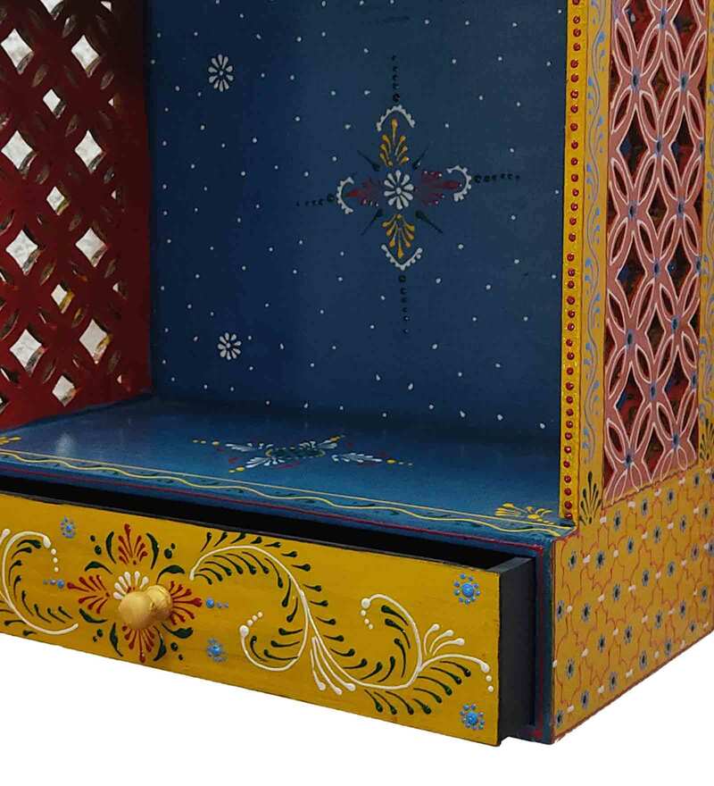 Buy Handpainted and Carved Wooden Pooja Mandir in Light Blue and Yellow ...