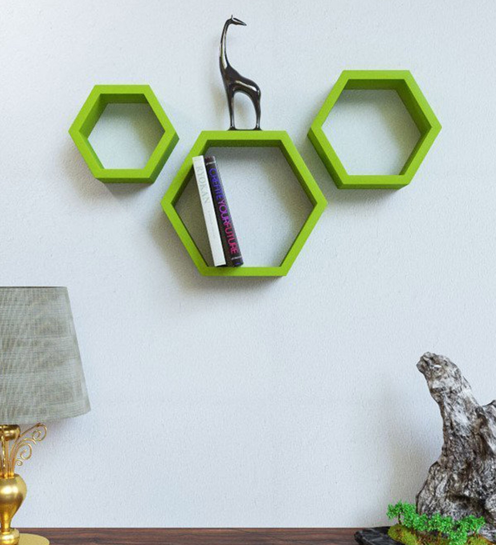 Buy Hexagon Floating Wall Shelf Set of 3 in Green Colour by Wood Decor ...
