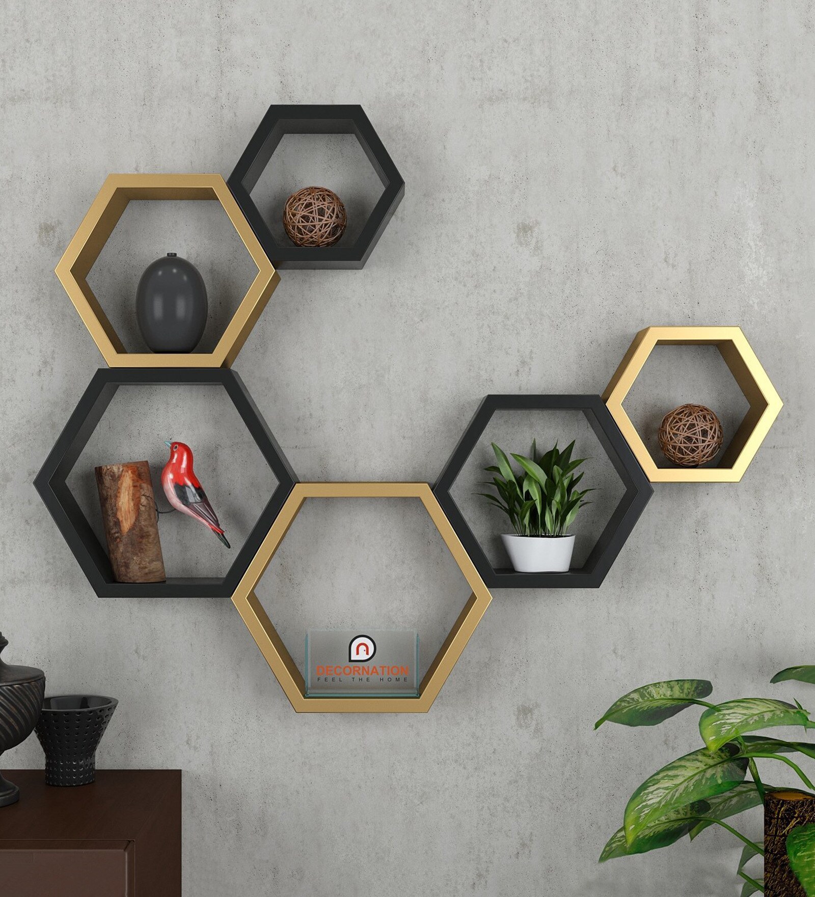 Buy Set of 6 Engineered Wood Hexagon Shape Wall Shelf in Multicolour ...