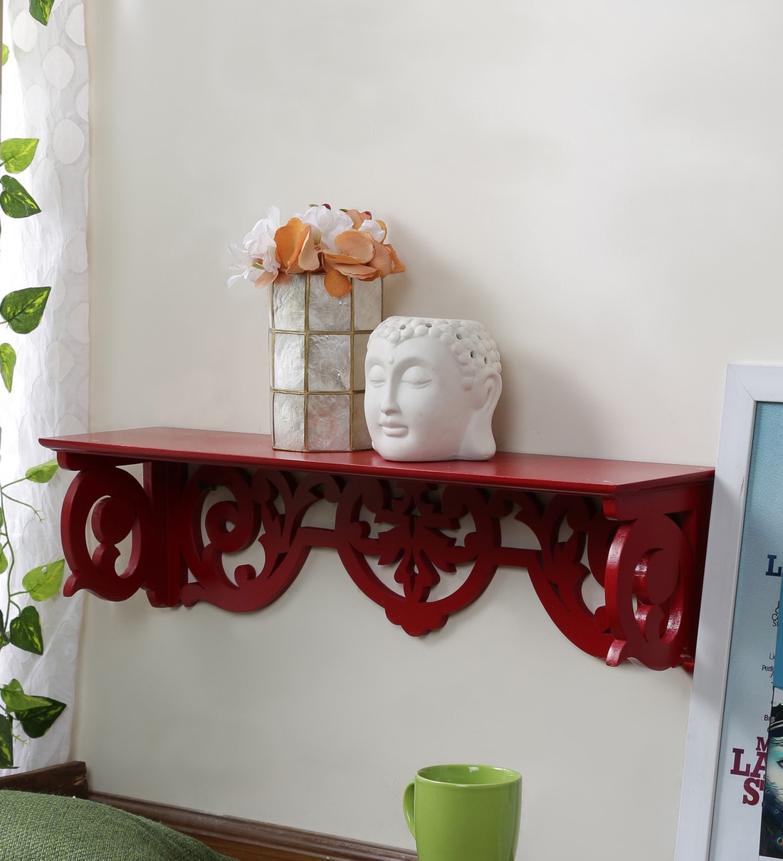 Buy Engineered Wood Carved Fixed Bracket Wall Shelf in Red Colour by ...