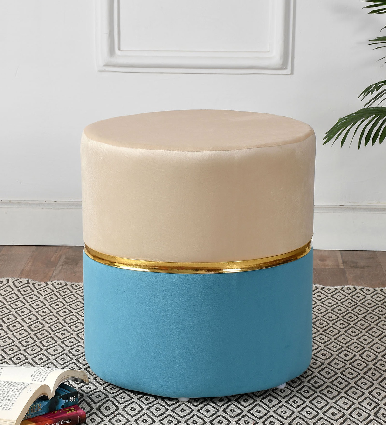 Buy Holetown Fabric Pouffe in Cream & Aqua Colour at 36% OFF by Riance ...