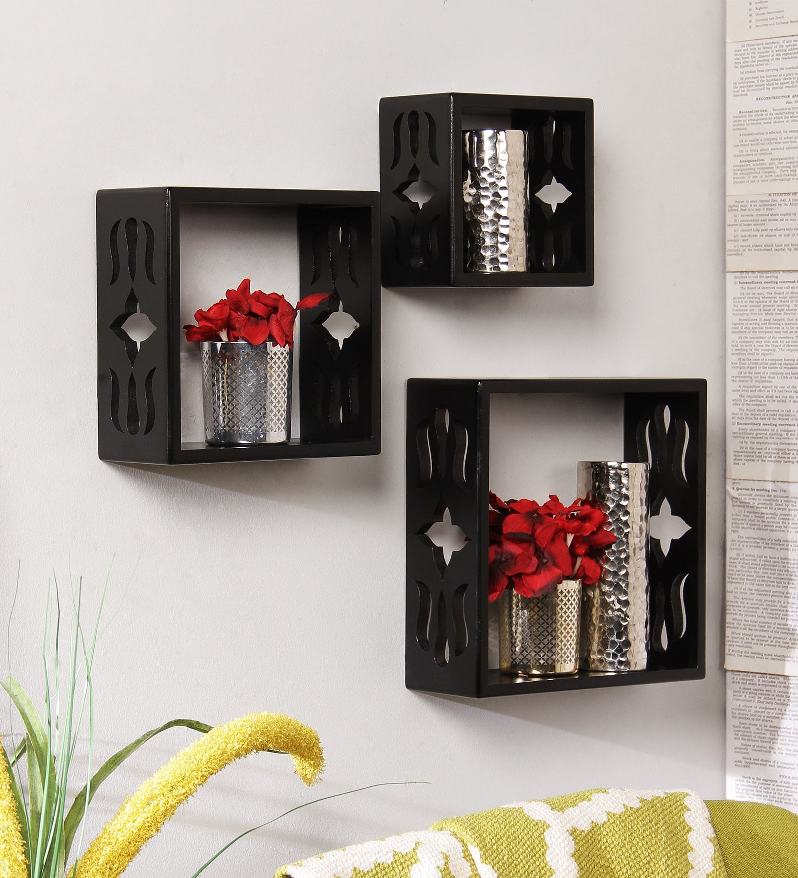 Buy Set of 3 Engineered Wood Cube Wall Shelf in Black Colour by Home ...