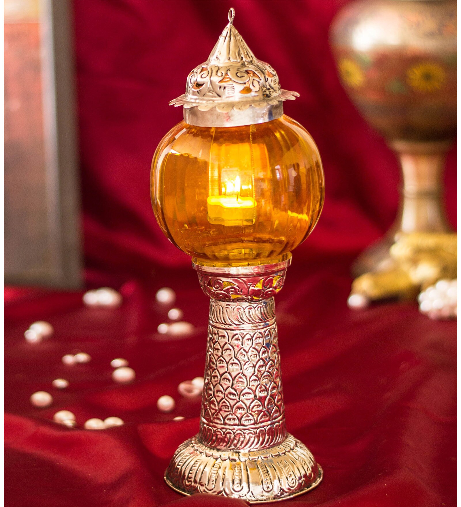 Buy Homesake Yellow & Silver Brass Moroccan Small Pillar Showpiece ...