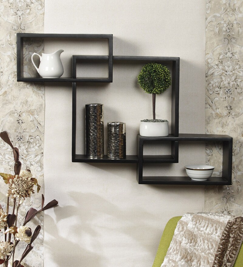 Buy Set of 3 Engineered Wood Mozaic Wall Shelf in Black Colour by Home ...