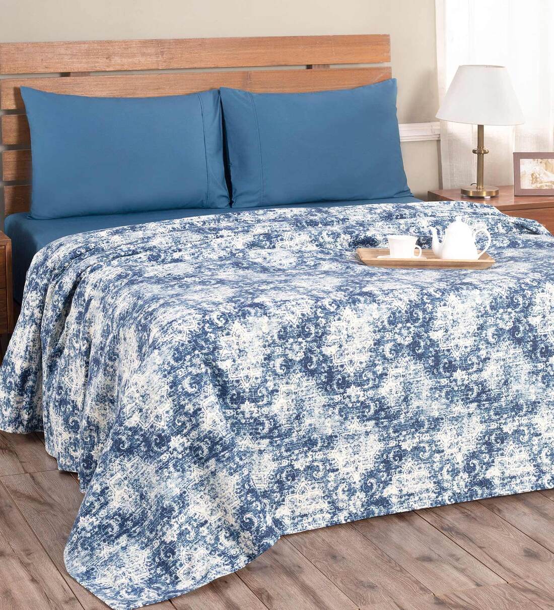 Buy Hues Rustic Clash Blue Print Double Bed Cover By maspar at 100% OFF ...