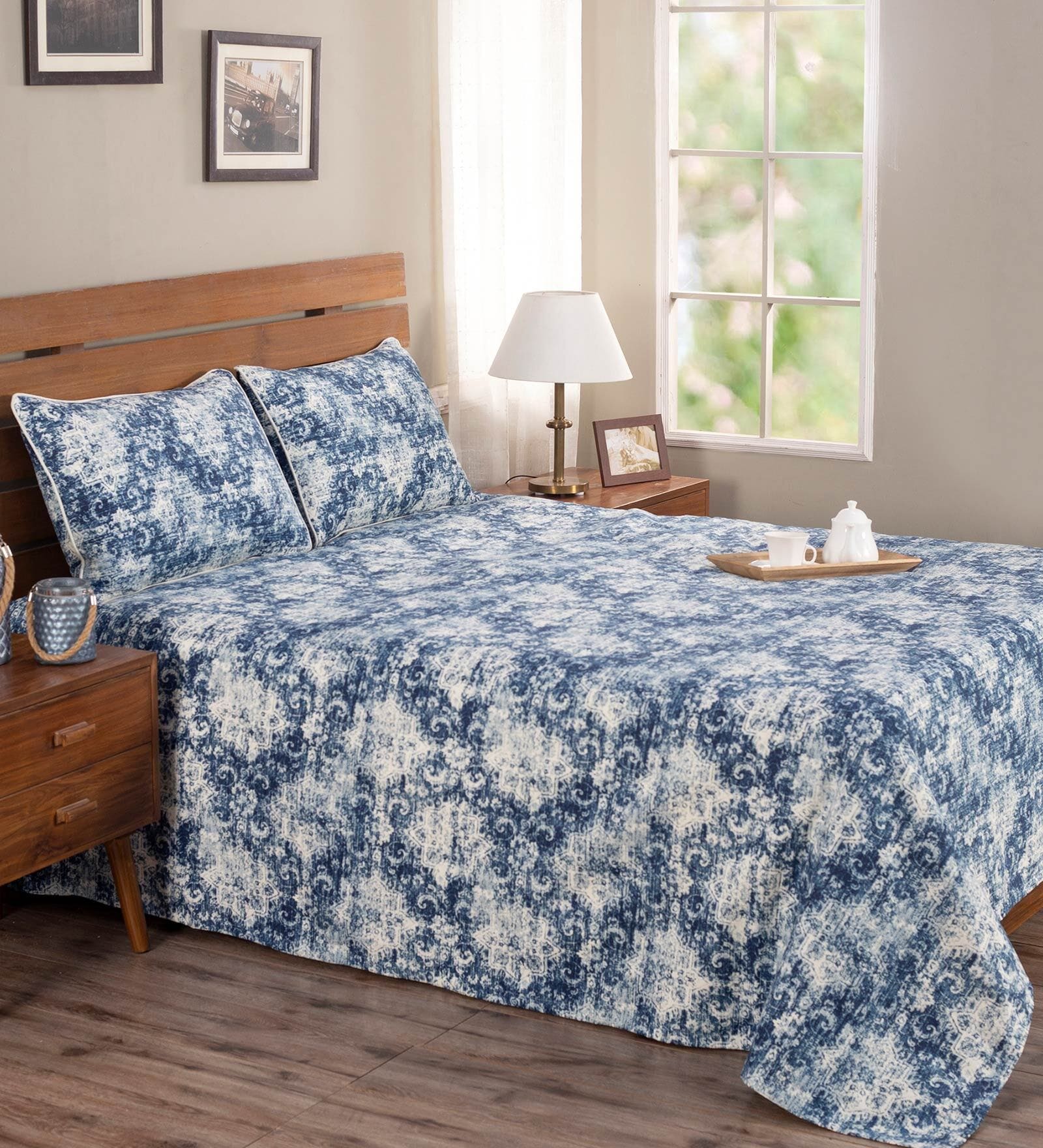 Buy Blue Abstract 300 TC Cotton and Viscose Double Bed Cover with 2 ...