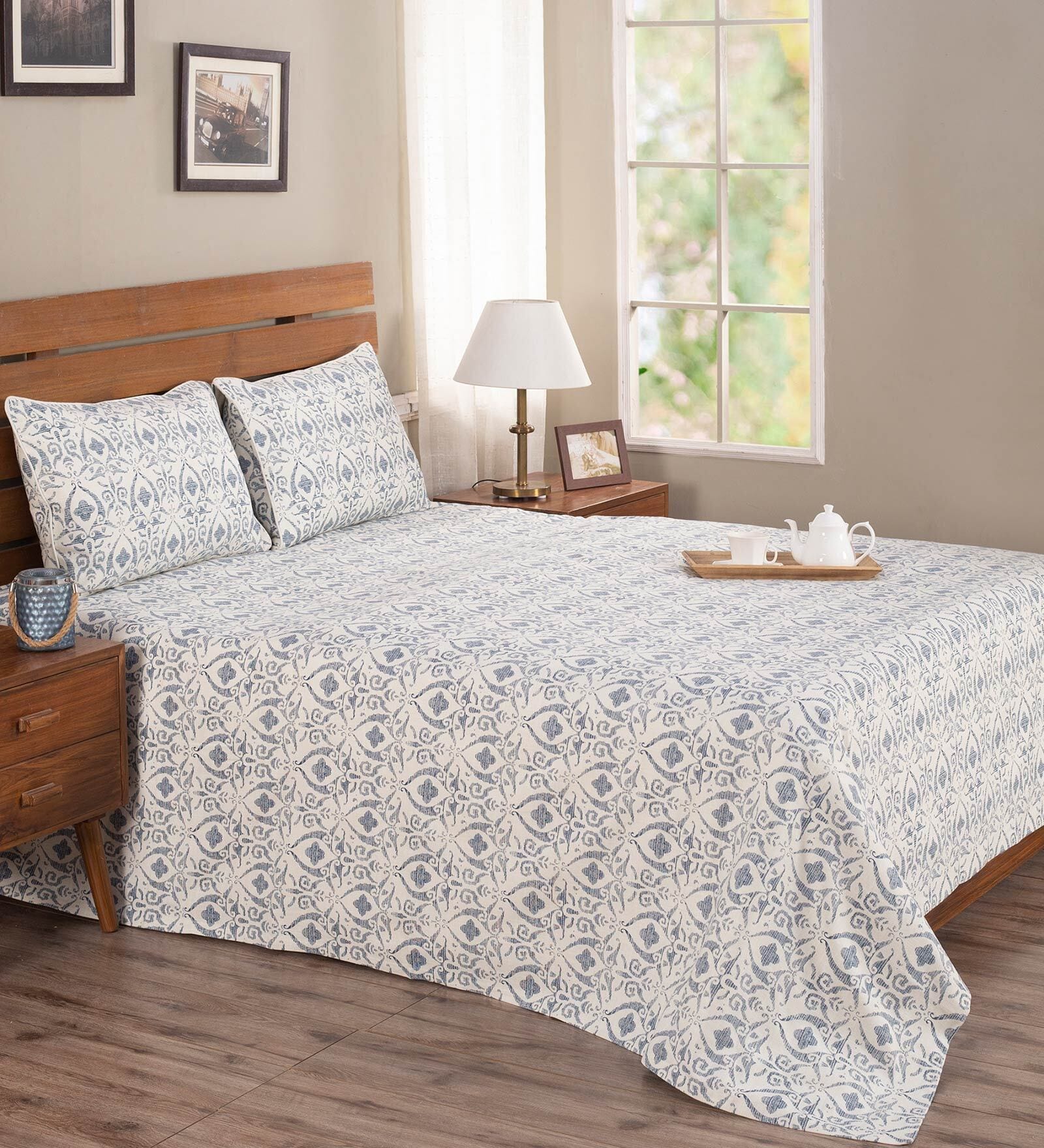 Buy Blue Abstract 300 TC Cotton and Viscose Double Bed Cover with 2 ...