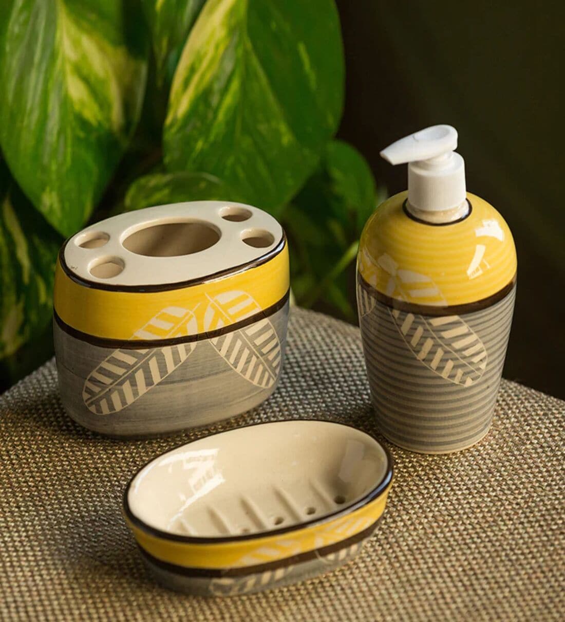 Buy Imprinted Leaves Hand-Painted Ceramic (Set of 3) Bath Set by ExclusiveLane at 33% OFF by ...