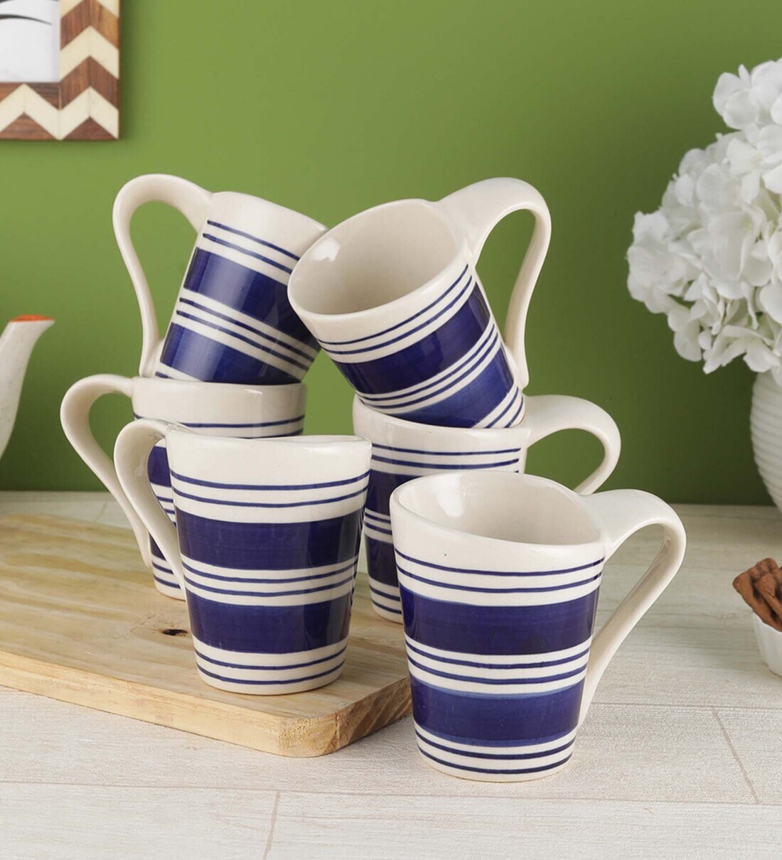 Buy Indigo Stripes 150ml White & Blue Ceramic (Set of 6) Tea Cups at 41 ...